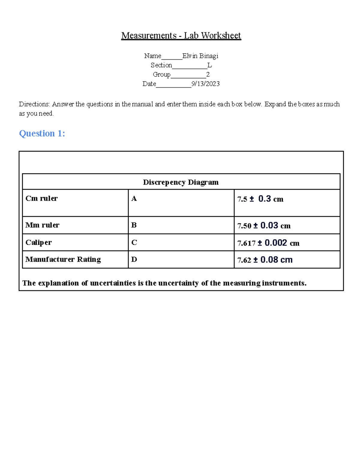 Physics Lab 2 - 123 - Measurements - Lab Worksheet Name______Elvin ...