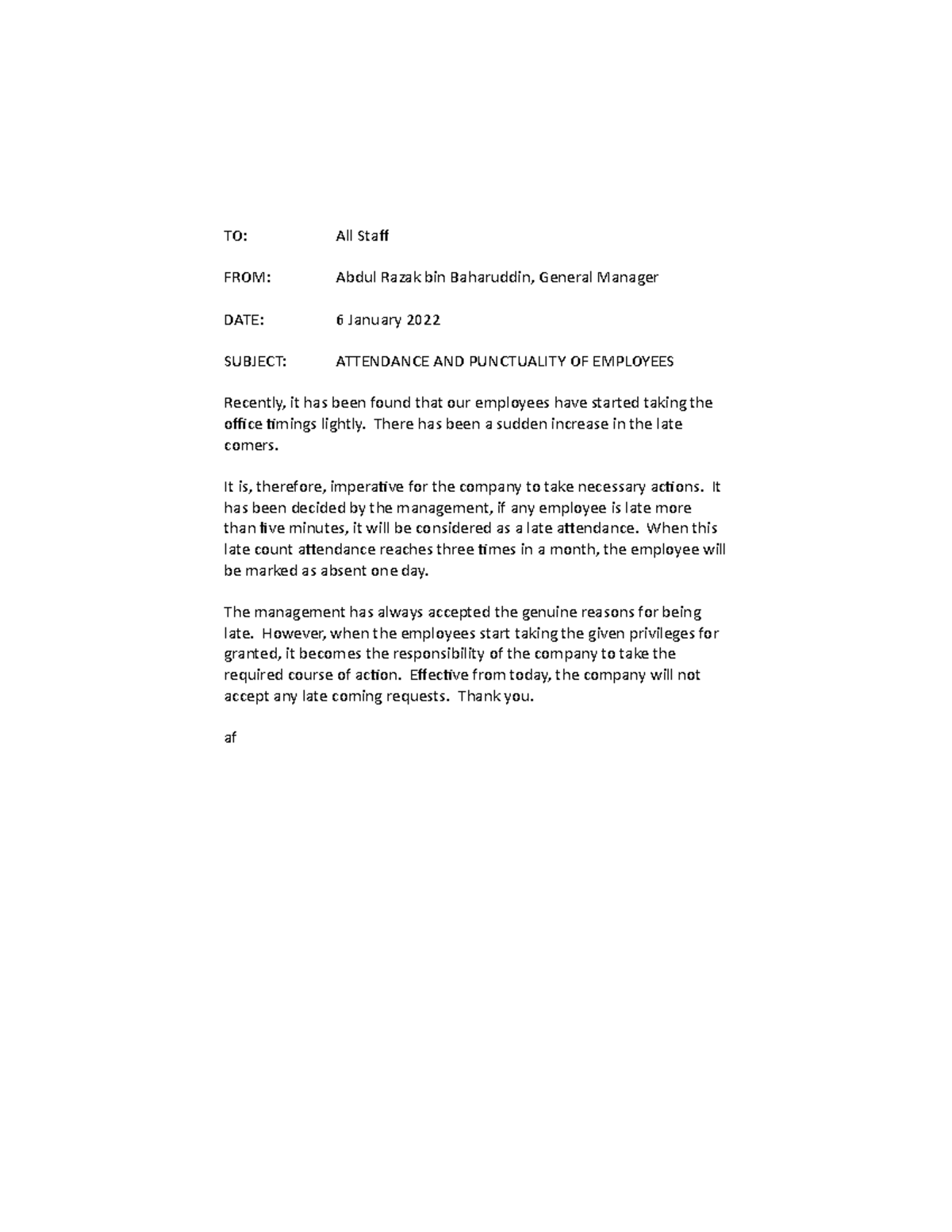 Memorandum 1 exercise for typing skills - TO: All Staf FROM: Abdul ...