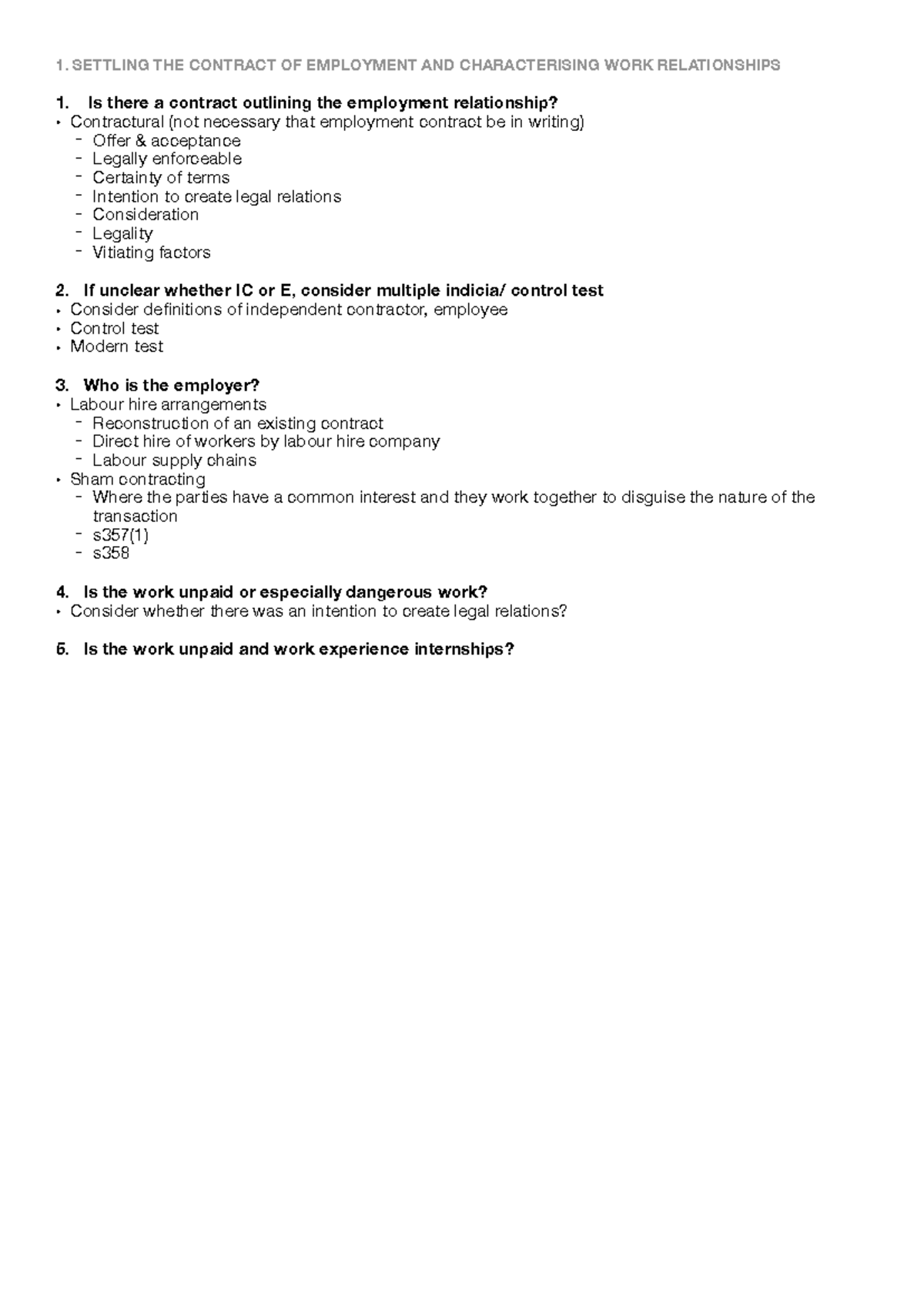 Workplace Law Summary - 1. SETTLING THE CONTRACT OF EMPLOYMENT AND ...