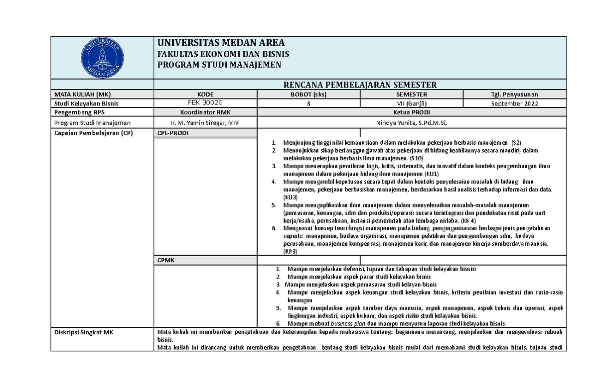 RPS SKB 2022 upd2 1 - studi kelayakan bisnis - UNIVERSITAS MEDAN AREA FAKULTAS EKONOMI DAN ...