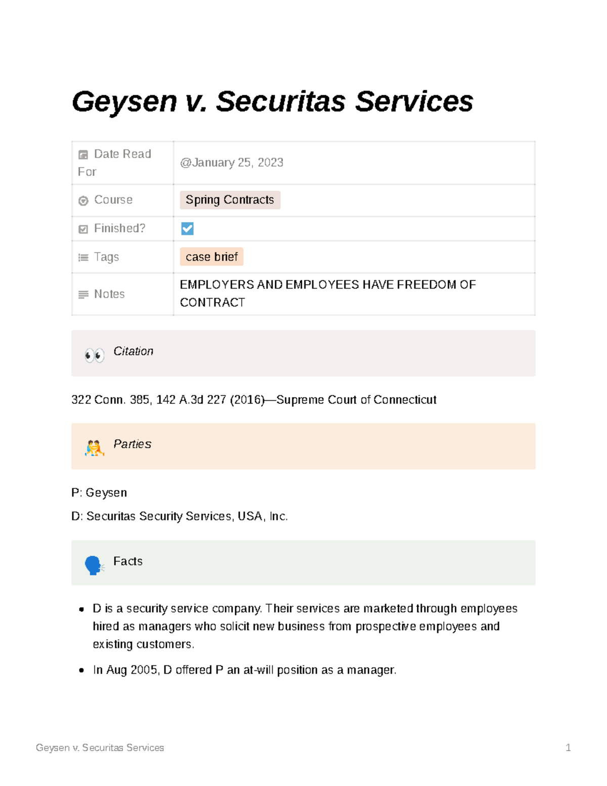 Geysen - Case Brief - Geysen v. Securitas Services Date Read For Course Spring Contracts ...
