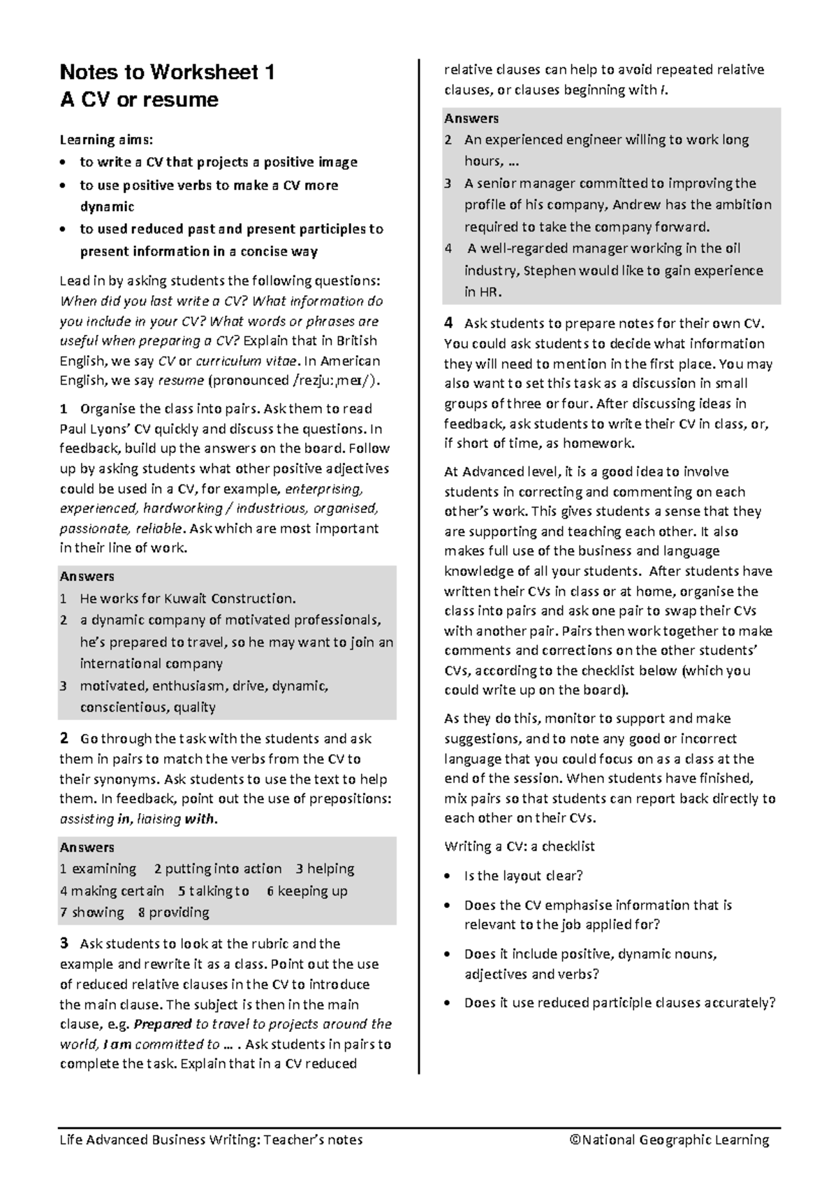 Adv Business Writing notes - Notes to Worksheet 1 A CV or resume ...