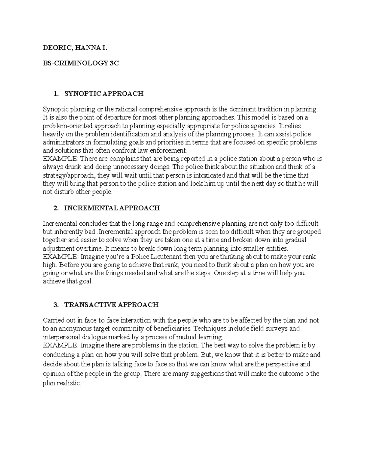 ( Approaches) docx - DEORIC, HANNA I. BS-CRIMINOLOGY 3C 1. SYNOPTIC ...