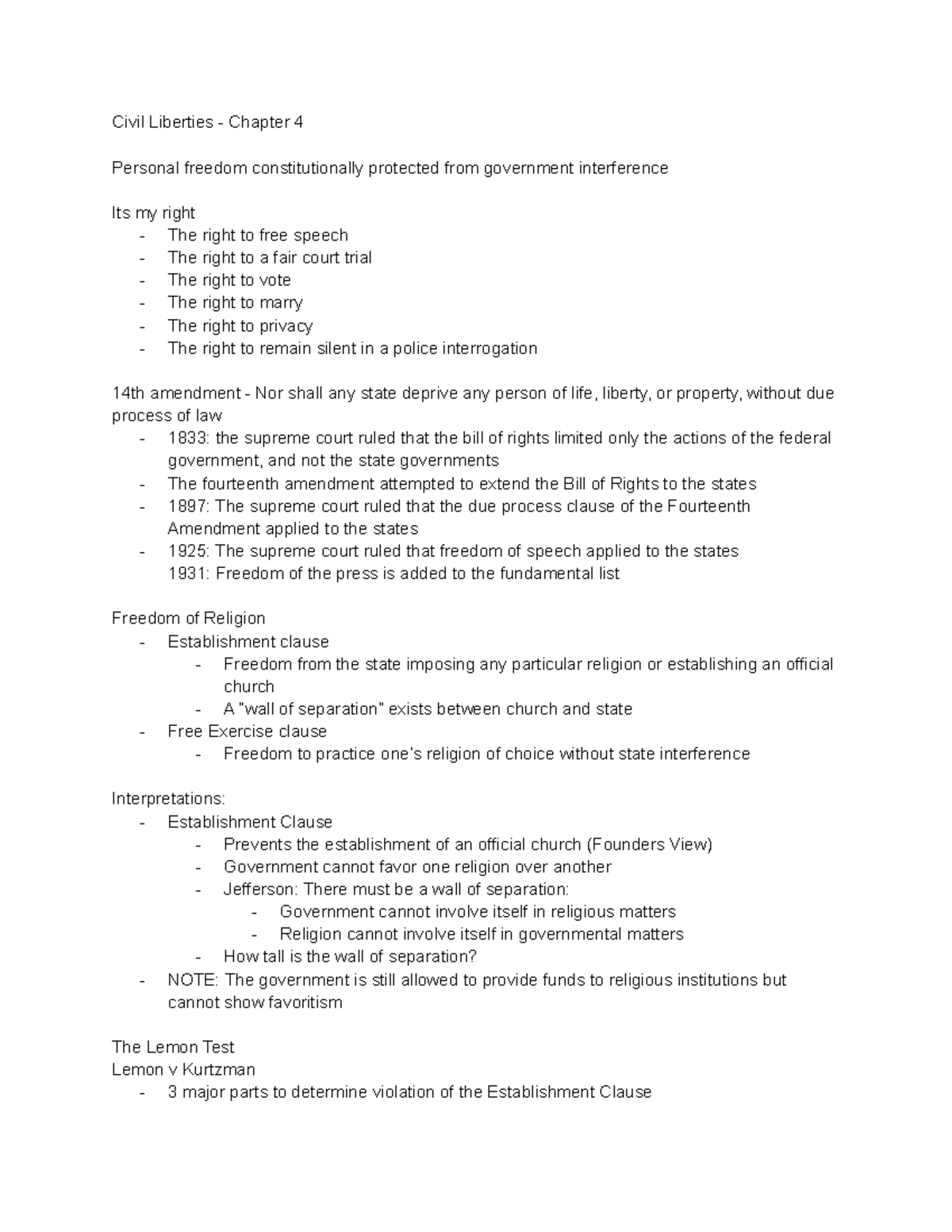 Week 7 - American Government - Civil Liberties - Chapter 4 Personal ...