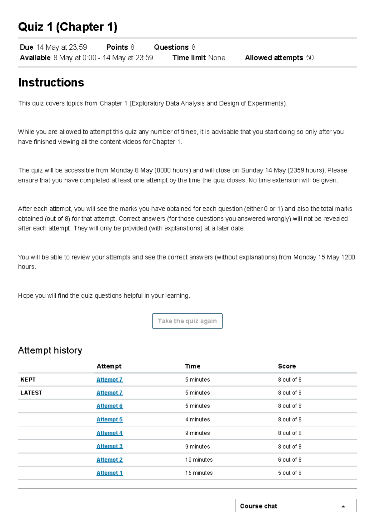 Attempt 7 - Quiz - Quiz 1 (Chapter 1) Due 14 May at 23:59 Points 8 ...