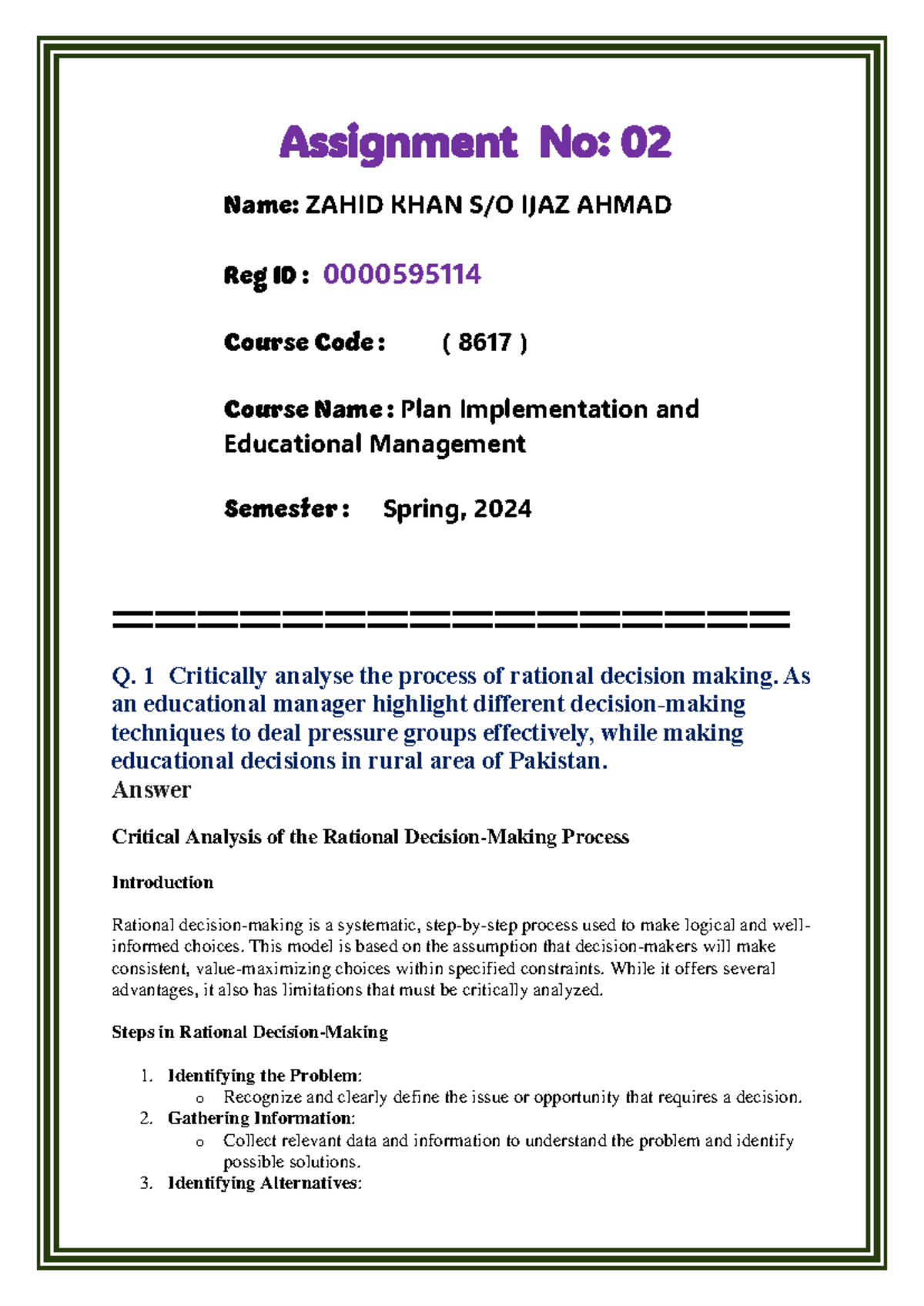 ( 8617 ) 2 - Solved assignments - Assignment No: 0 2 Name: ZAHID KHAN S/O IJAZ AHMAD Reg ID ...