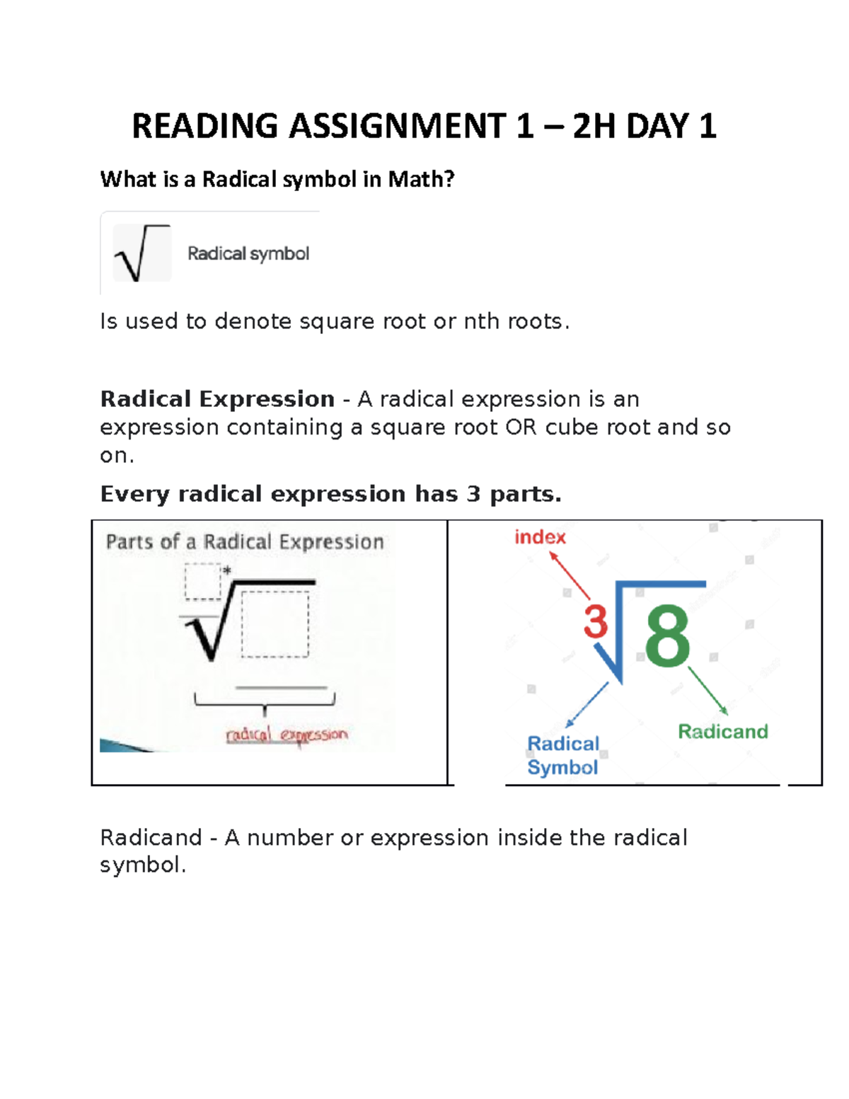 USE Reading Assignment 1 - 2H DAY 1 USE - READING ASSIGNMENT 1 – 2H DAY 1 What is a Radical ...