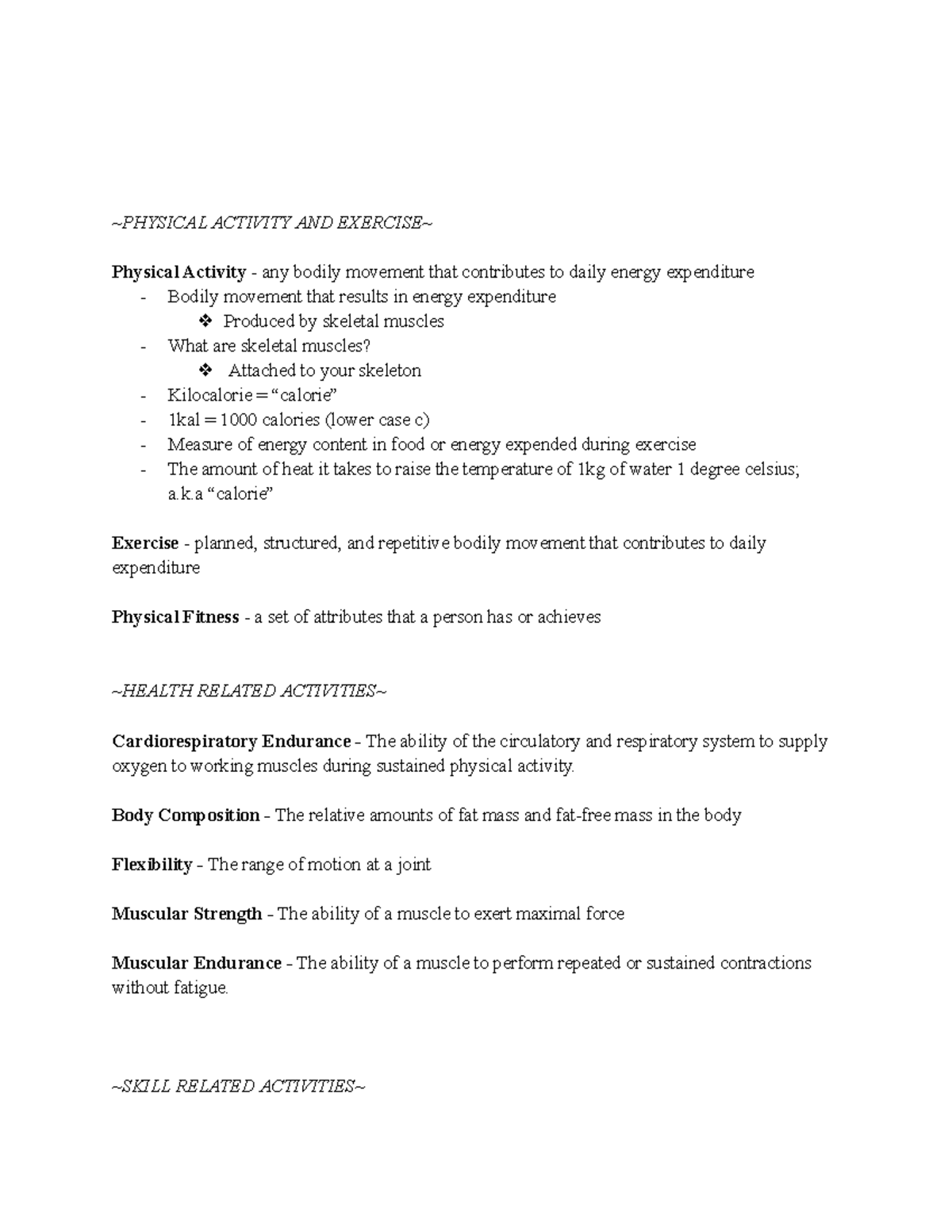 Intro to Exercise Science notes 1 - PHYSICAL ACTIVITY AND EXERCISE ...