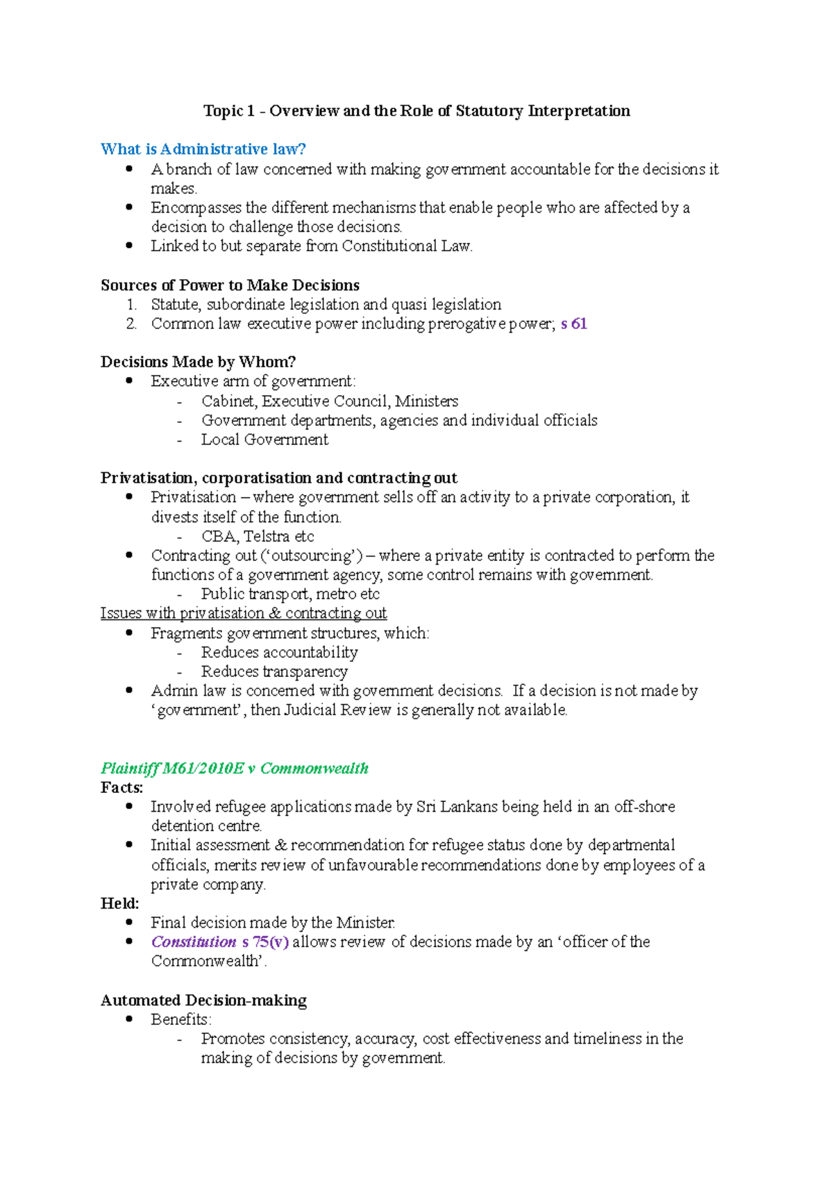 LAW4331 summary notes - Topic 1 - Overview and the Role of Statutory ...