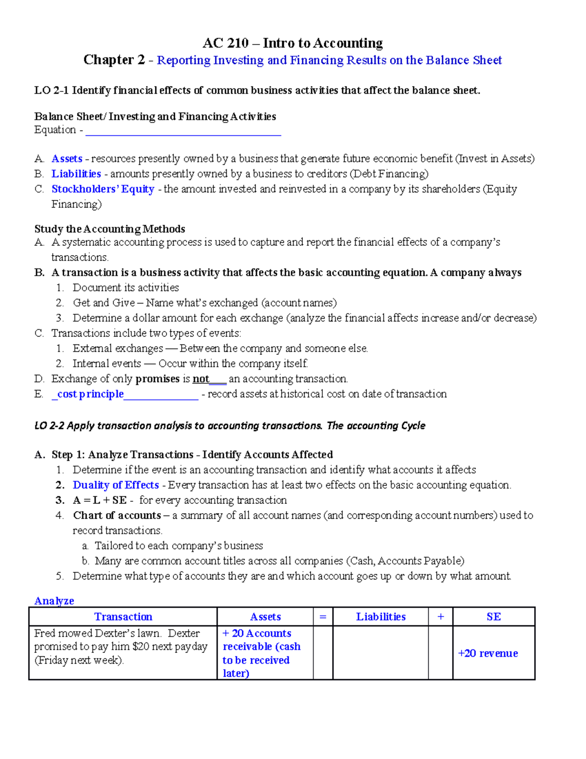 Chapter 2 handout - AC 210 – Intro to Accounting Chapter 2 - Reporting ...