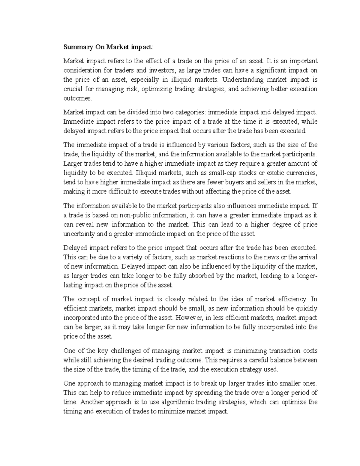 Summary On Market impact - Summary On Market impact: Market impact ...
