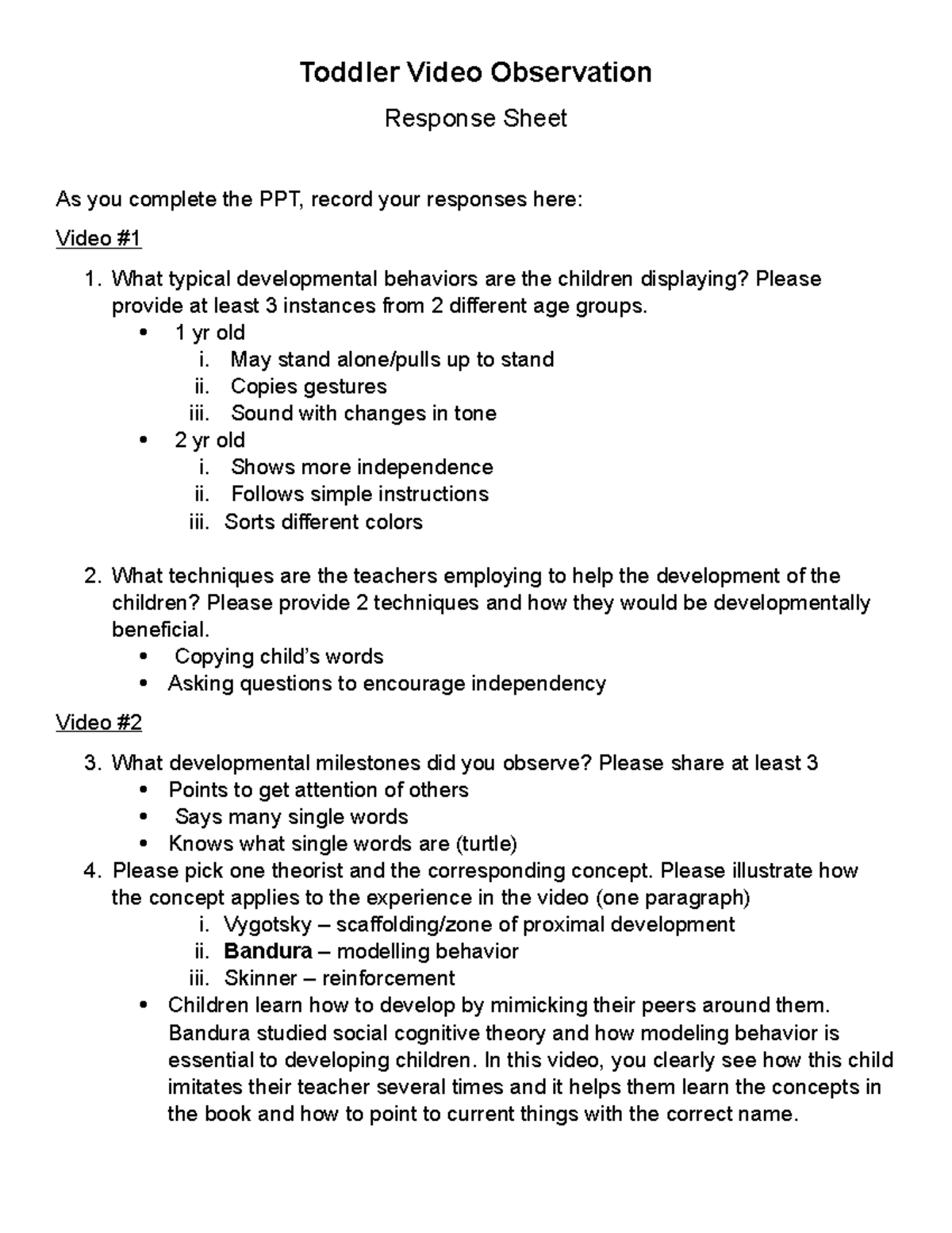 Toddler Video Observation Response Sheet - Toddler Video Observation ...