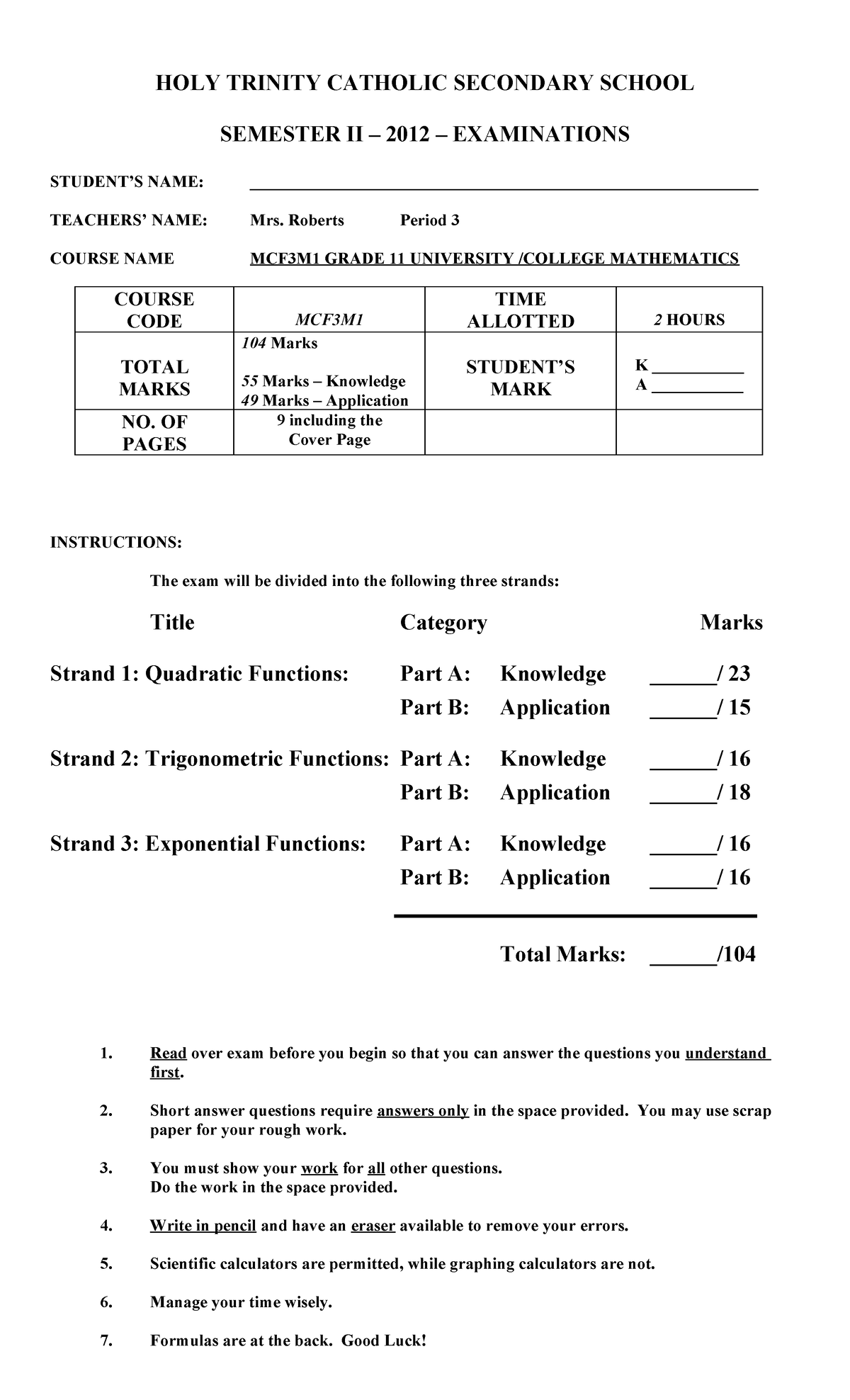 Exam June 2012 - Mixed math exam - HOLY TRINITY CATHOLIC SECONDARY ...