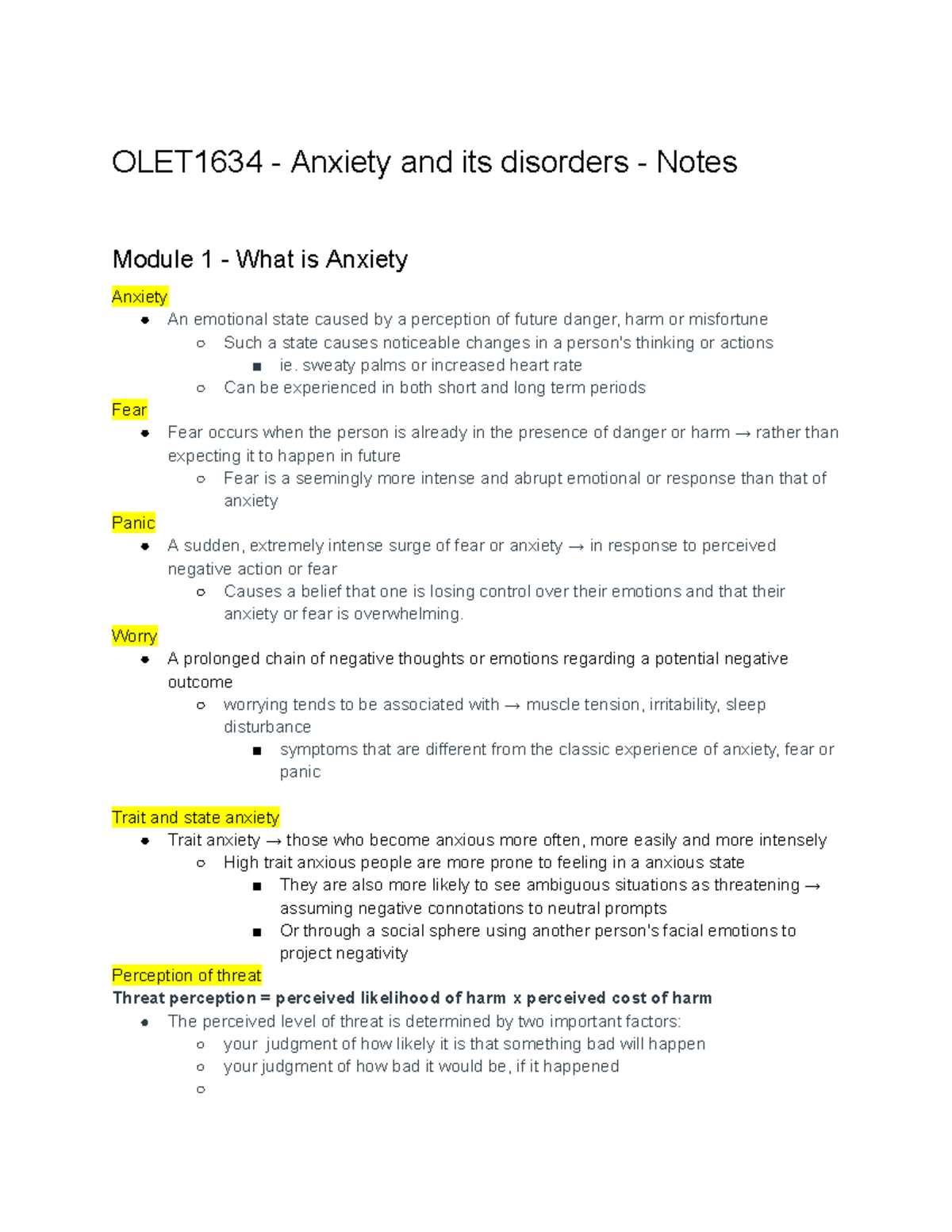 OLET1634 - Anxiety and its disorders - Notes - sweaty palms or ...