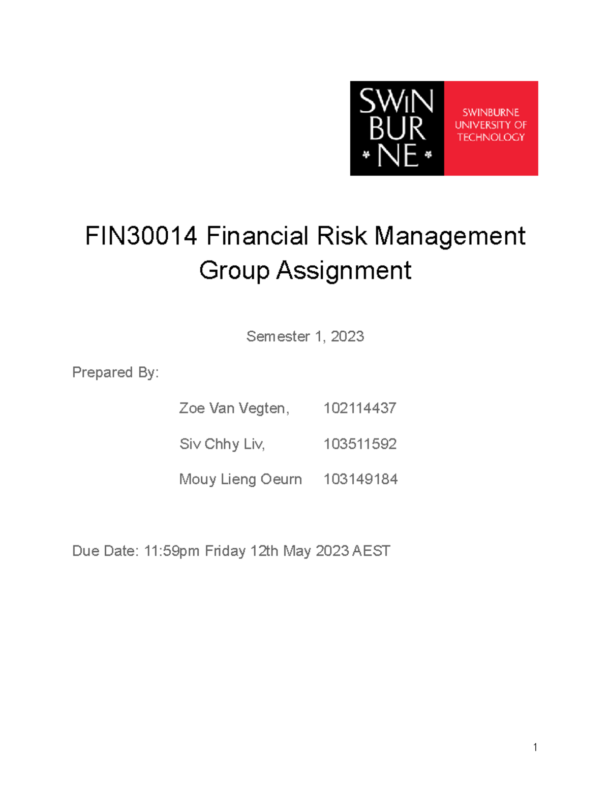 FIN30014 Financial Risk Management Assignment 2 - FIN30014 Financial ...