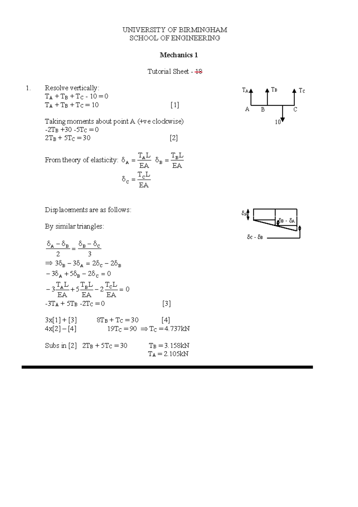 Tutorial 19 - Statically indeterminate problems-1 (SOL) - UNIVERSITY OF BIRMINGHAM SCHOOL OF ...
