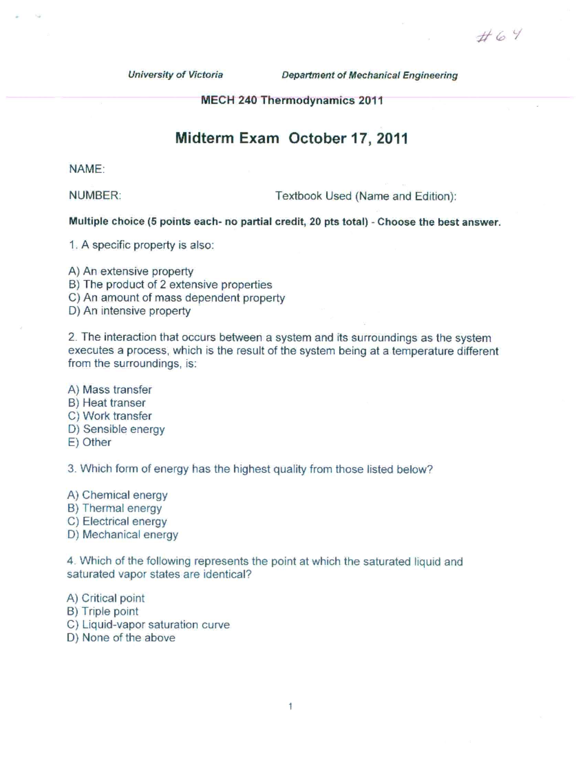 Midterm 2011, questions and answers - University of Victoria Department ...