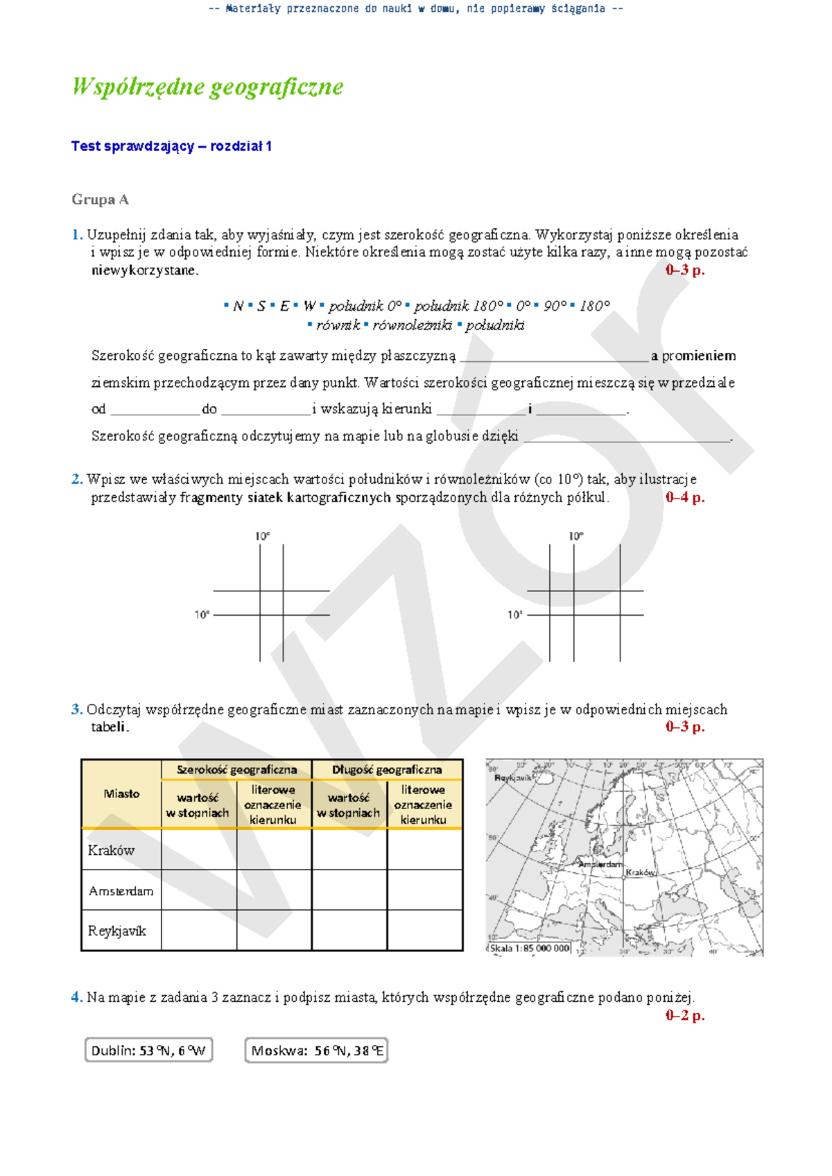 Geografia - Klasa 6 - Dział 1 - Sprawdzian - Współrzędne geograficzne ...