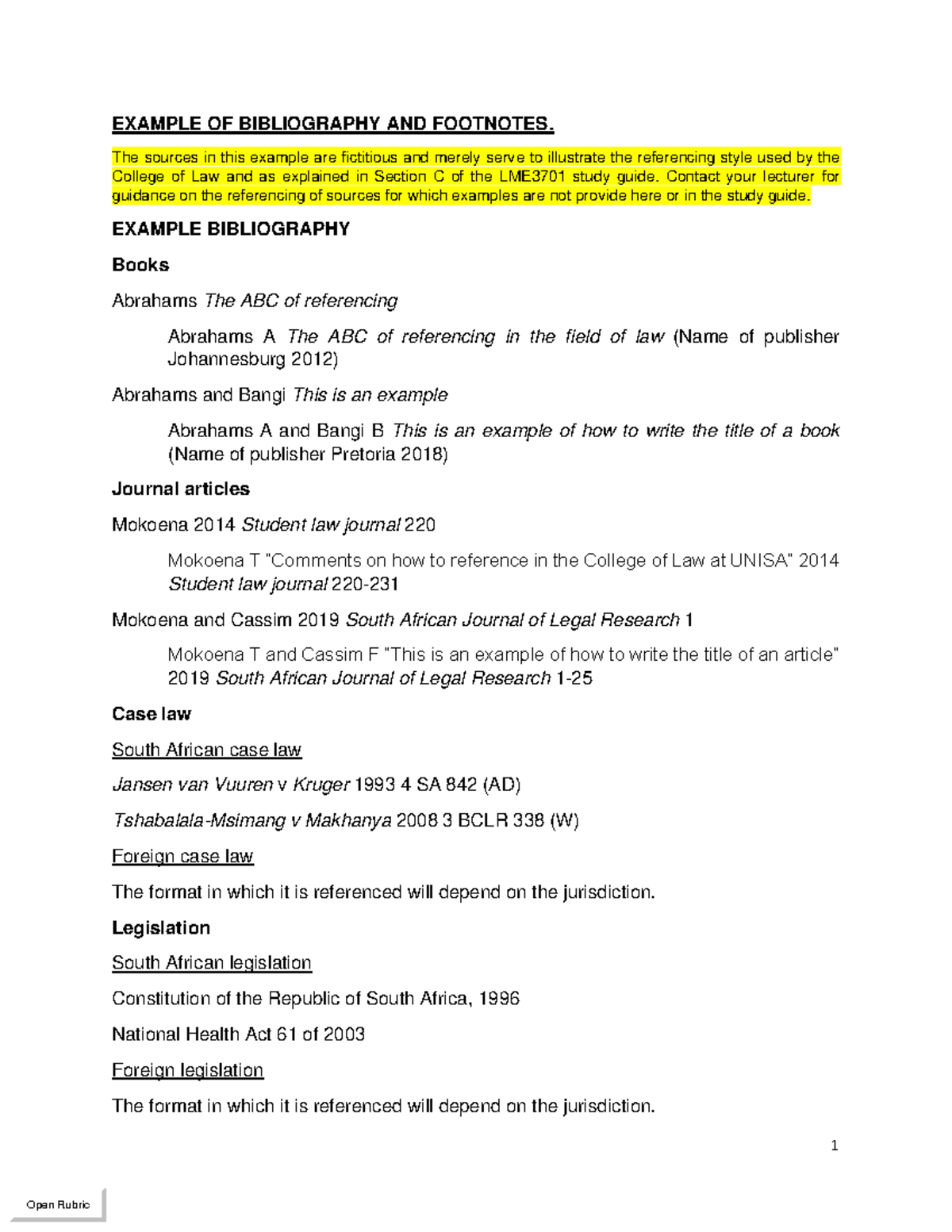 Example Bibliography - 1 EXAMPLE OF BIBLIOGRAPHY AND FOOTNOTES. The ...