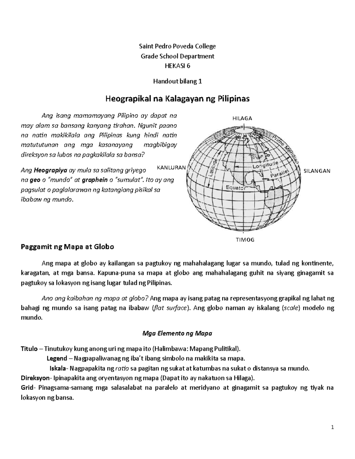 Session 1 heograpiya ng pilipinas mapa globo 1 - Saint Pedro Poveda ...
