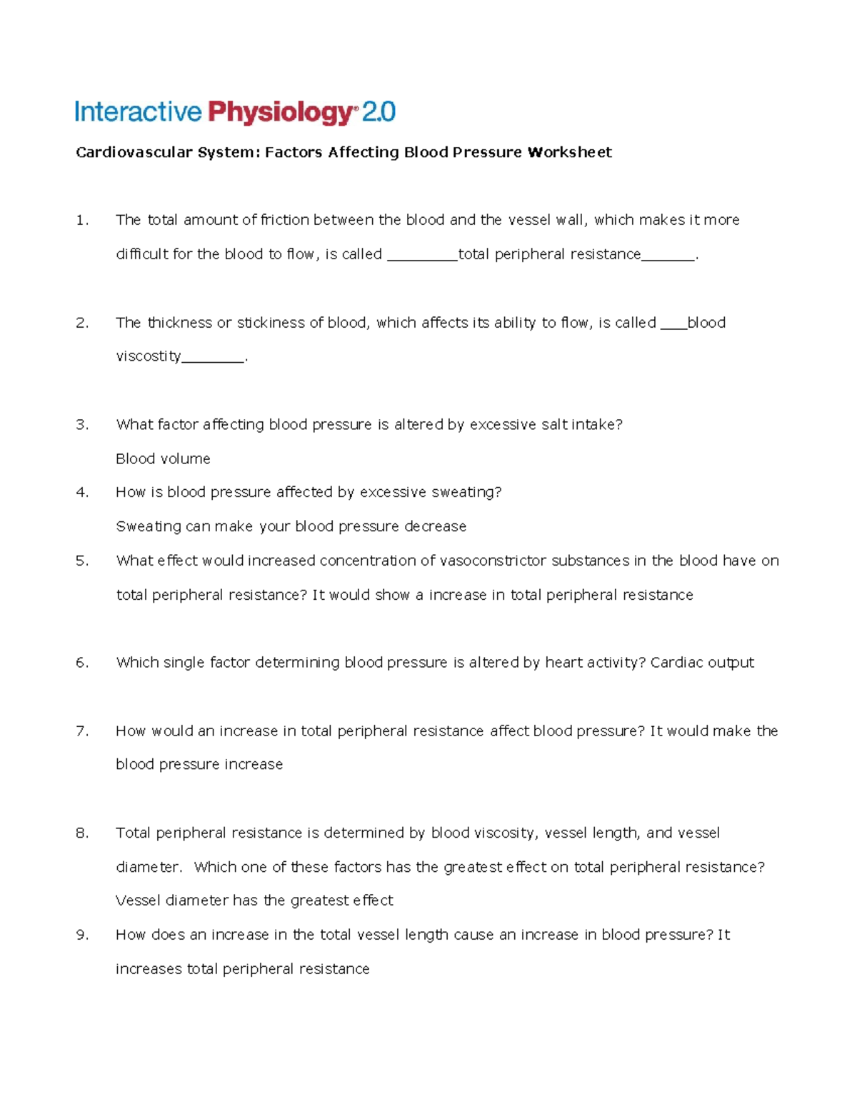Cardiovascular IP2 Factors Affecting Blood Pressure Worksheet ...