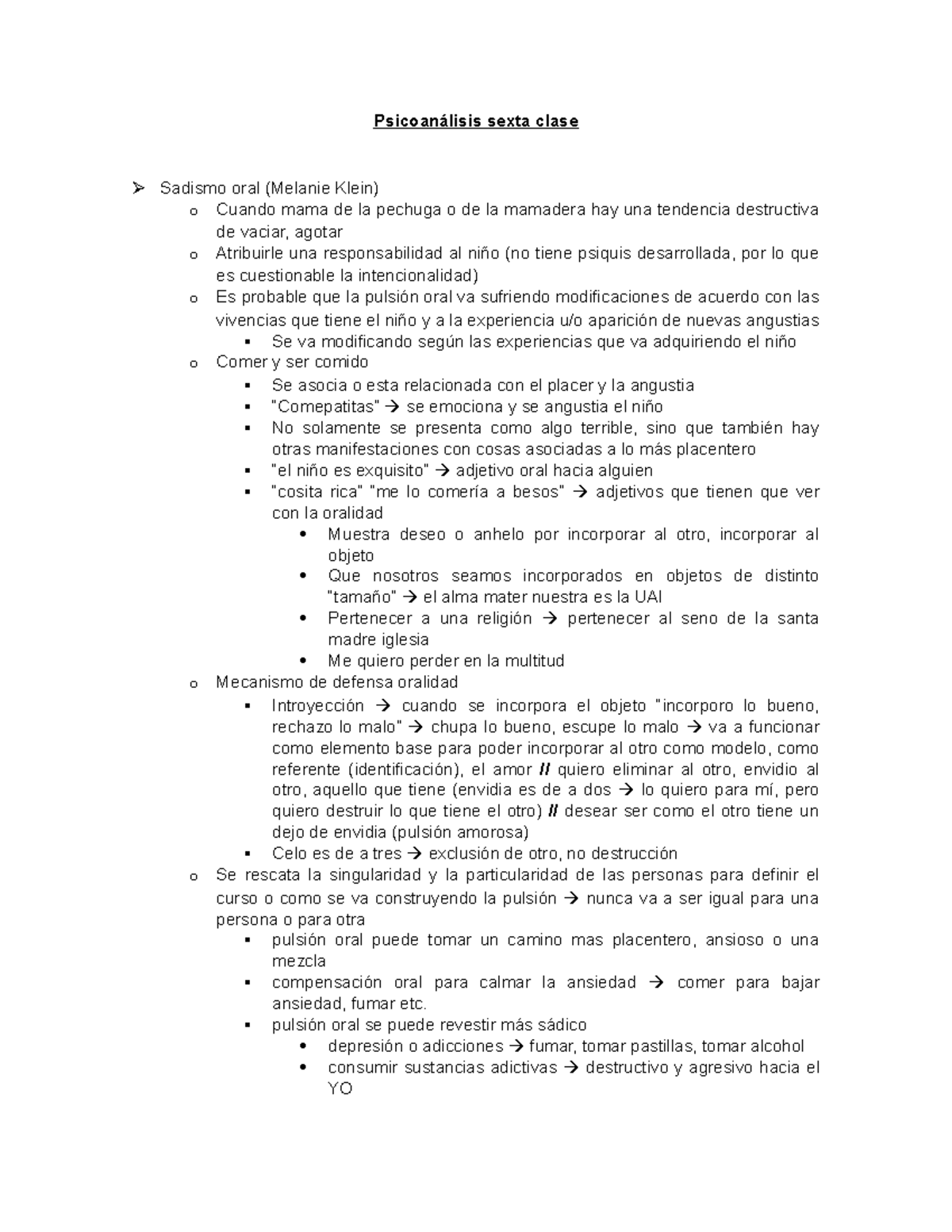 Psicoanalisis sexta clase - Psicoanálisis sexta clase Sadismo oral (Melanie Klein) o Cuando mama ...