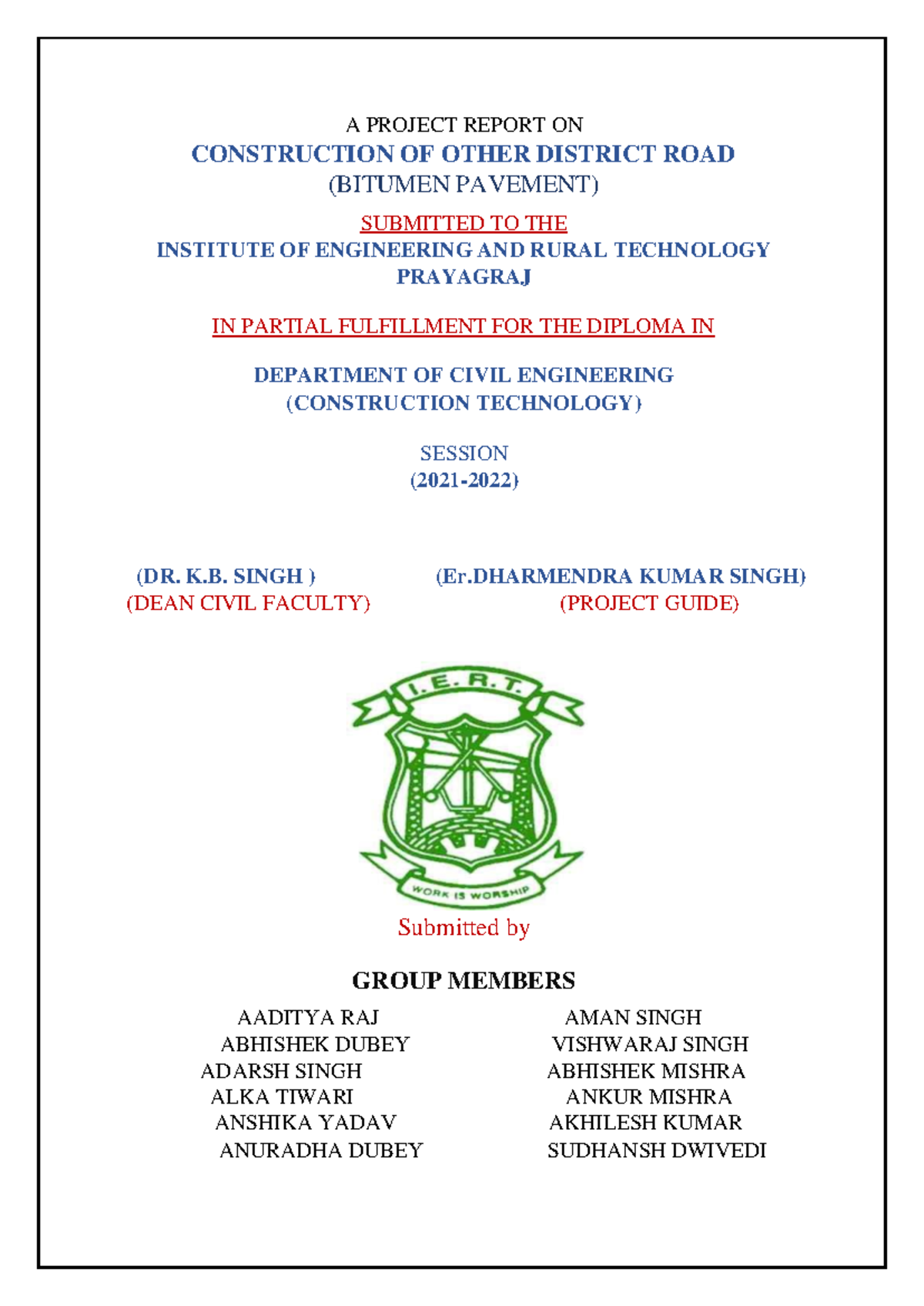 First page - A PROJECT REPORT ON CONSTRUCTION OF OTHER DISTRICT ROAD ...