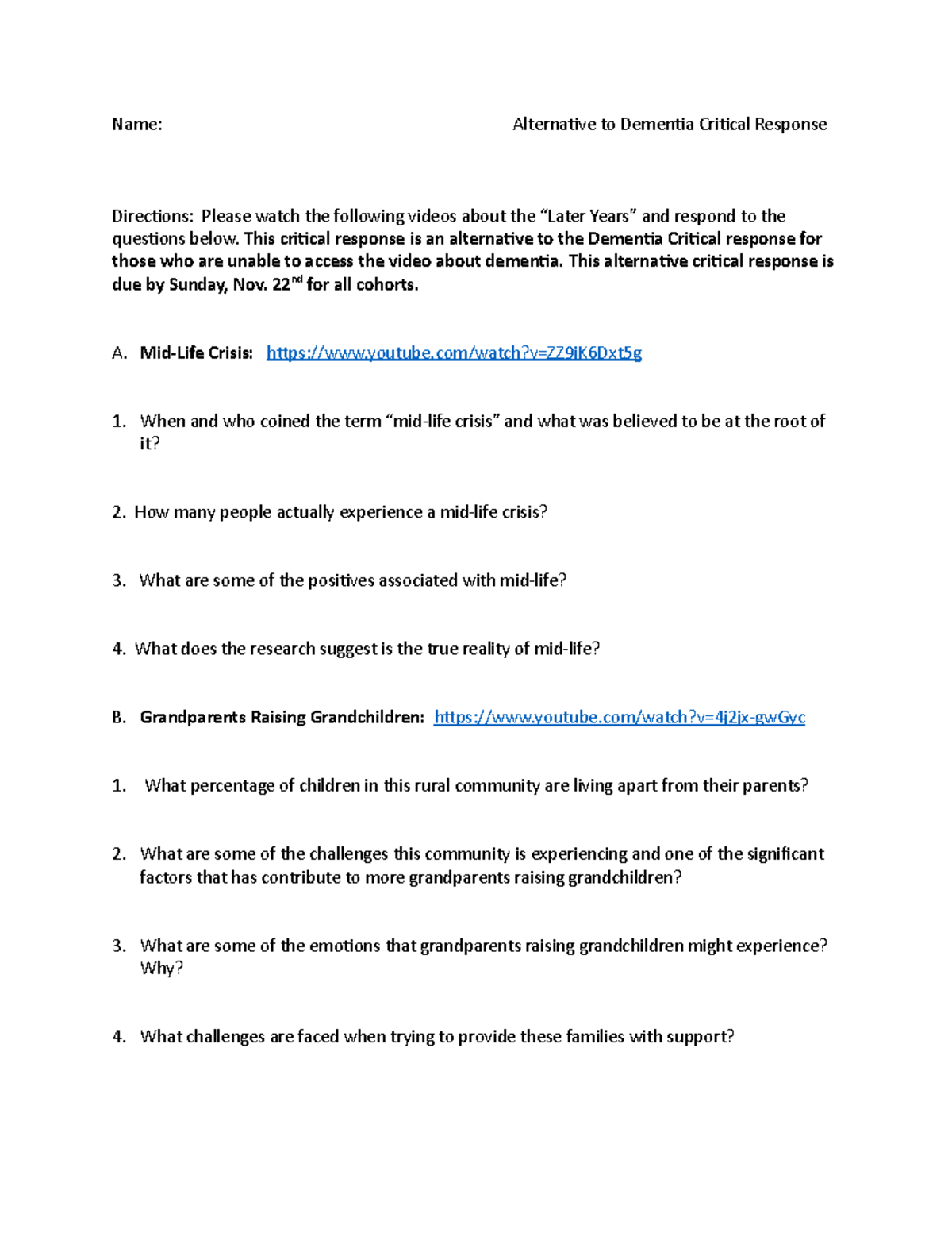 Alternative to Dementia Critical Response - Name: Alternative to ...