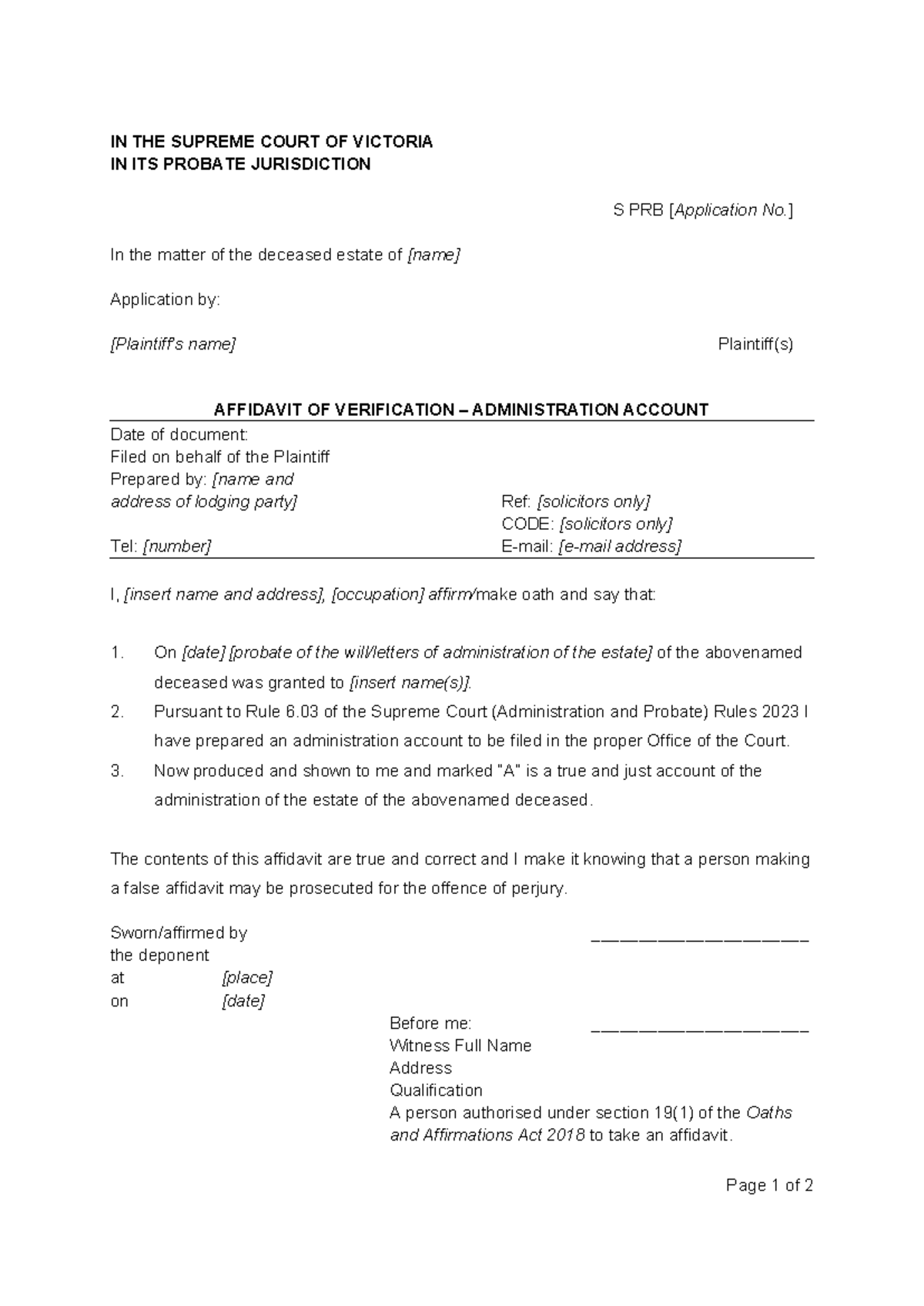 Probate Administration Account - Affidavit of Verification 0 - IN THE ...