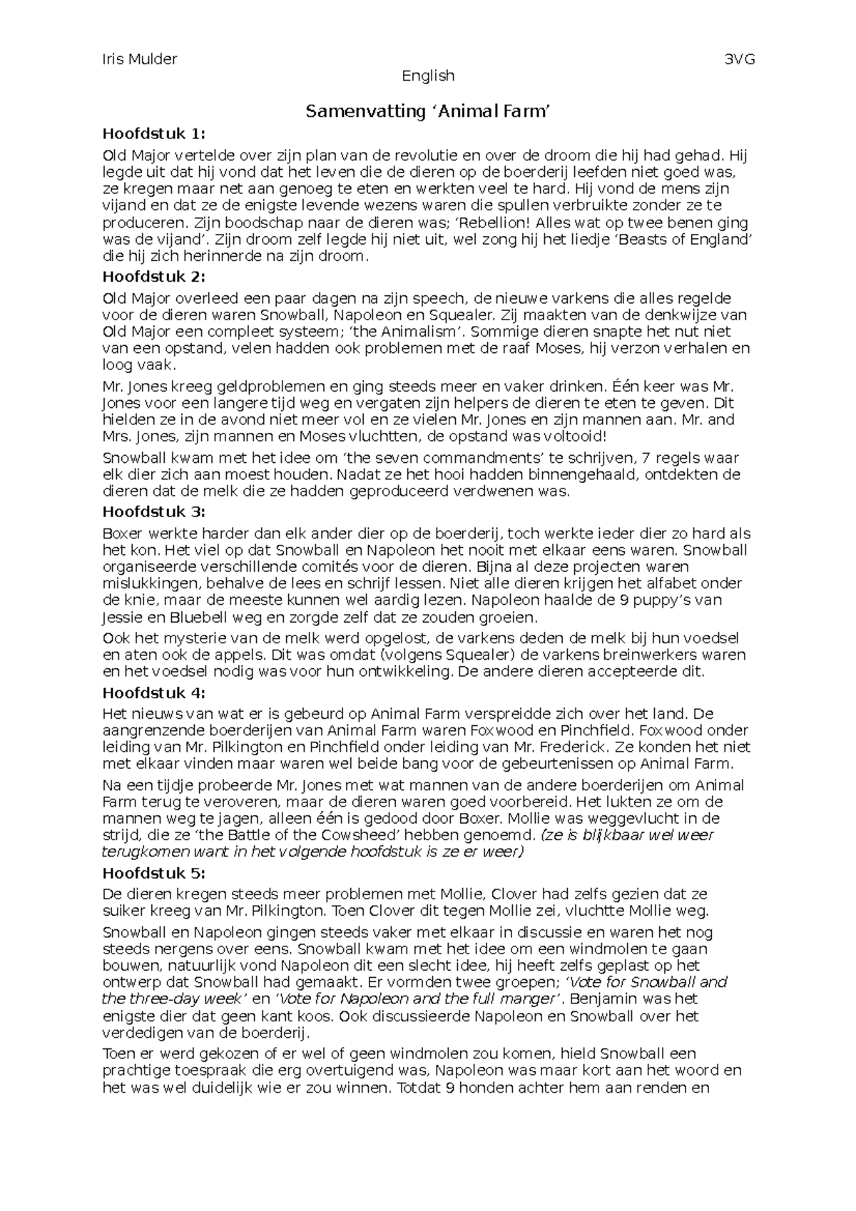 Engels 3 samenvatting 'Animal Farm' - Iris Mulder 3VG English ...