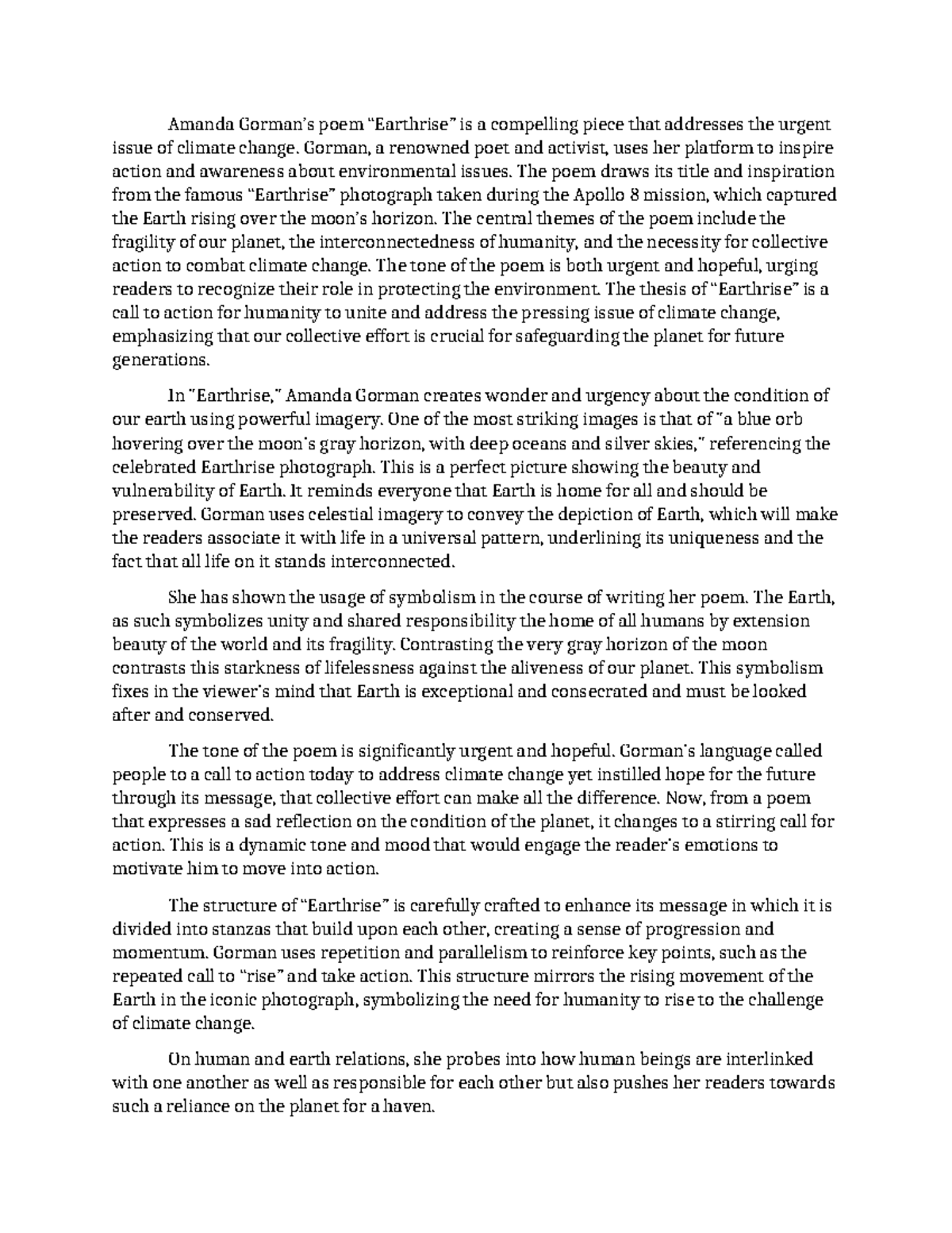 Amanda Gorman Earthrise Essay - Amanda Gorman’s poem “Earthrise” is a ...