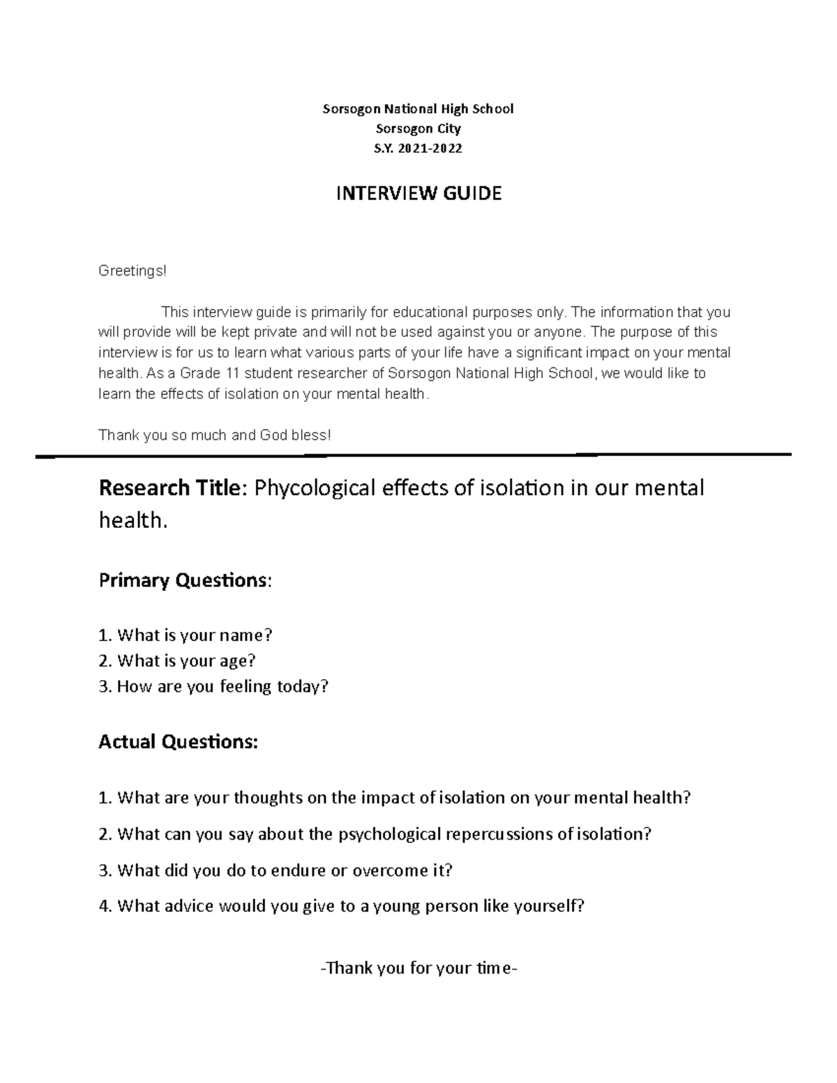 Interview Guide - Sorsogon National High School Sorsogon City S. 2021 ...