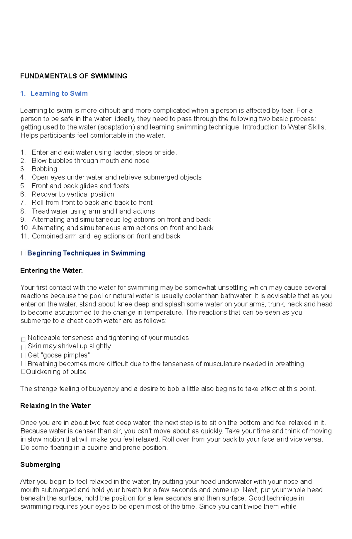 Swimming and Aquatics - FUNDAMENTALS OF SWIMMING Learning to Swim ...