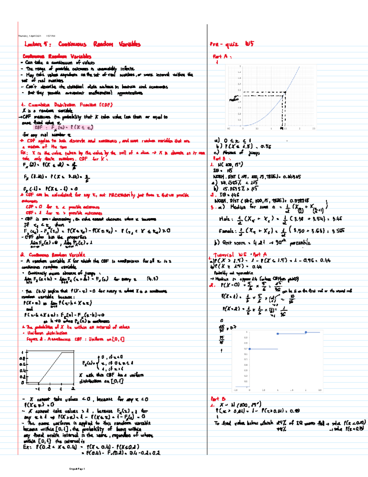 Lecture 5 Continuous Random Variables - 10005 - Thursday, 4 April 2024 4:57 PM - Studocu