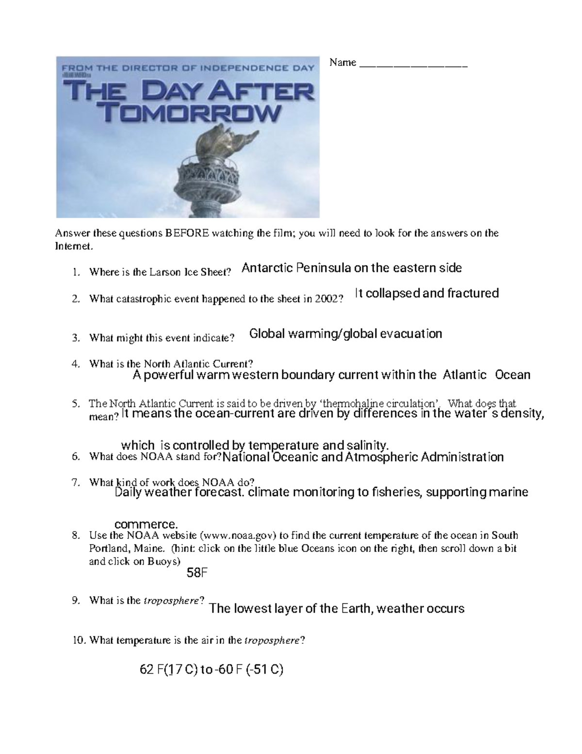 Day After Tomorrow Questions - Name ___________________ Answer these ...