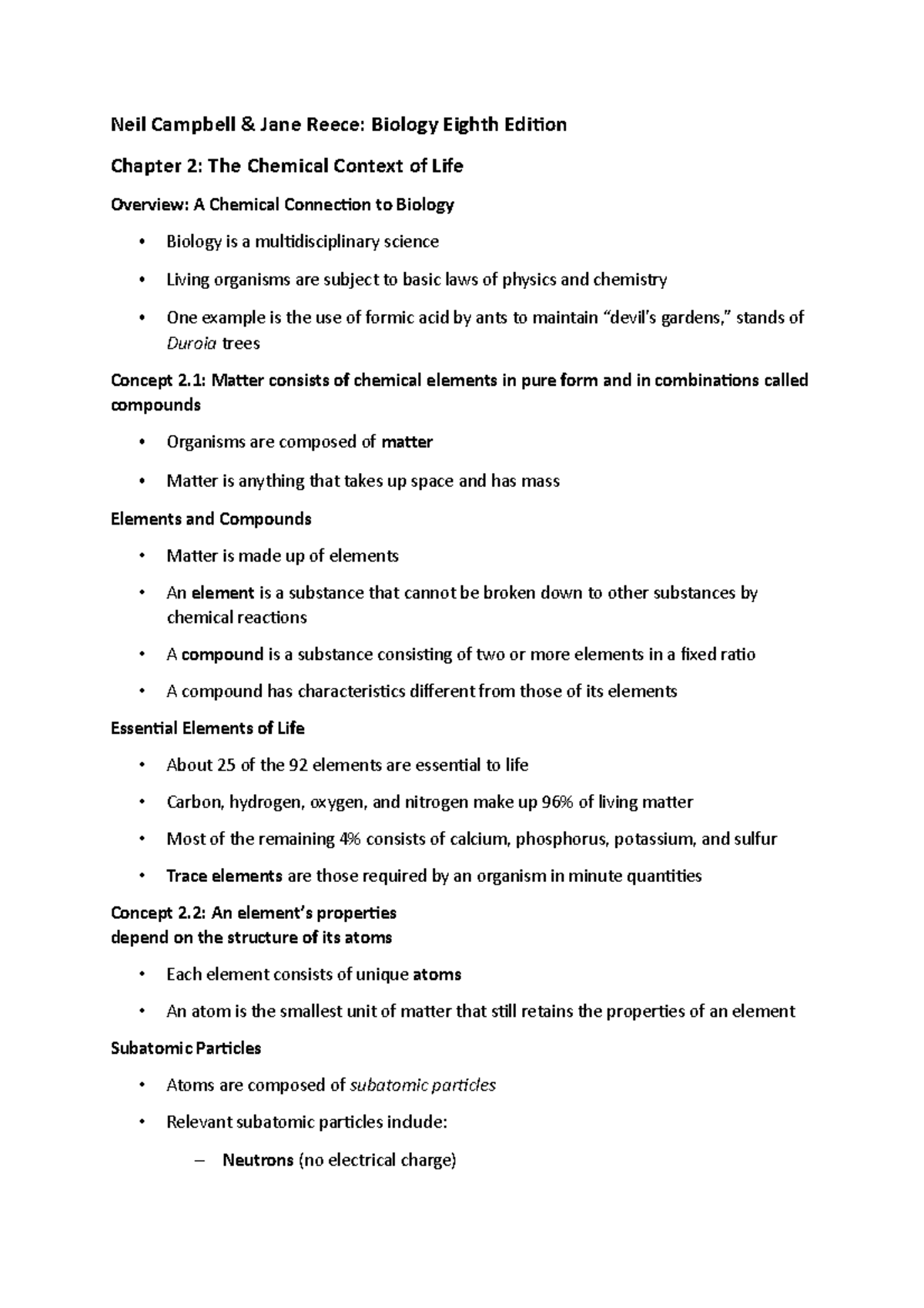 Neil Campbell - Biology - Summary Chapter 2 - Neil Campbell Jane Reece ...