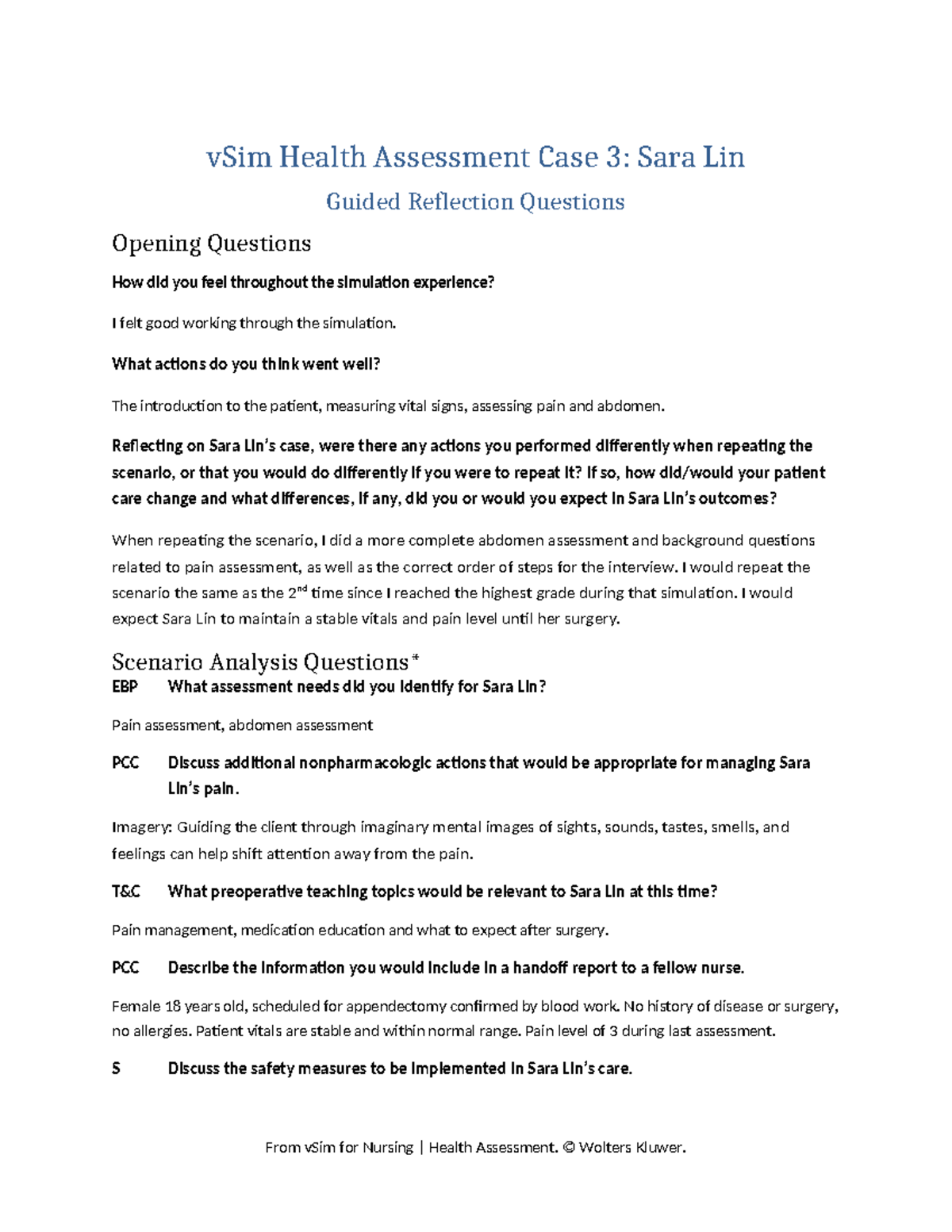 V Sim Documentation - vSim Health Assessment Case 3: Sara Lin Guided ...
