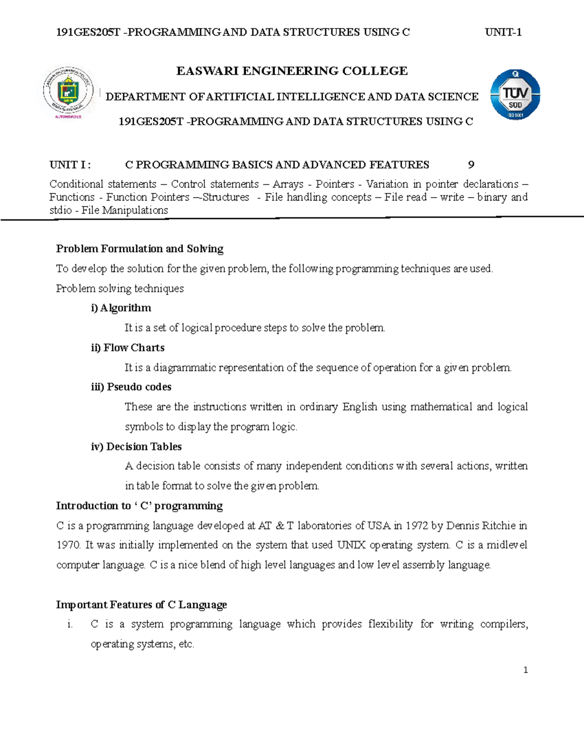 Unit 1 Notes Easwari Engineering College Department Of Artificial Intelligence And Data