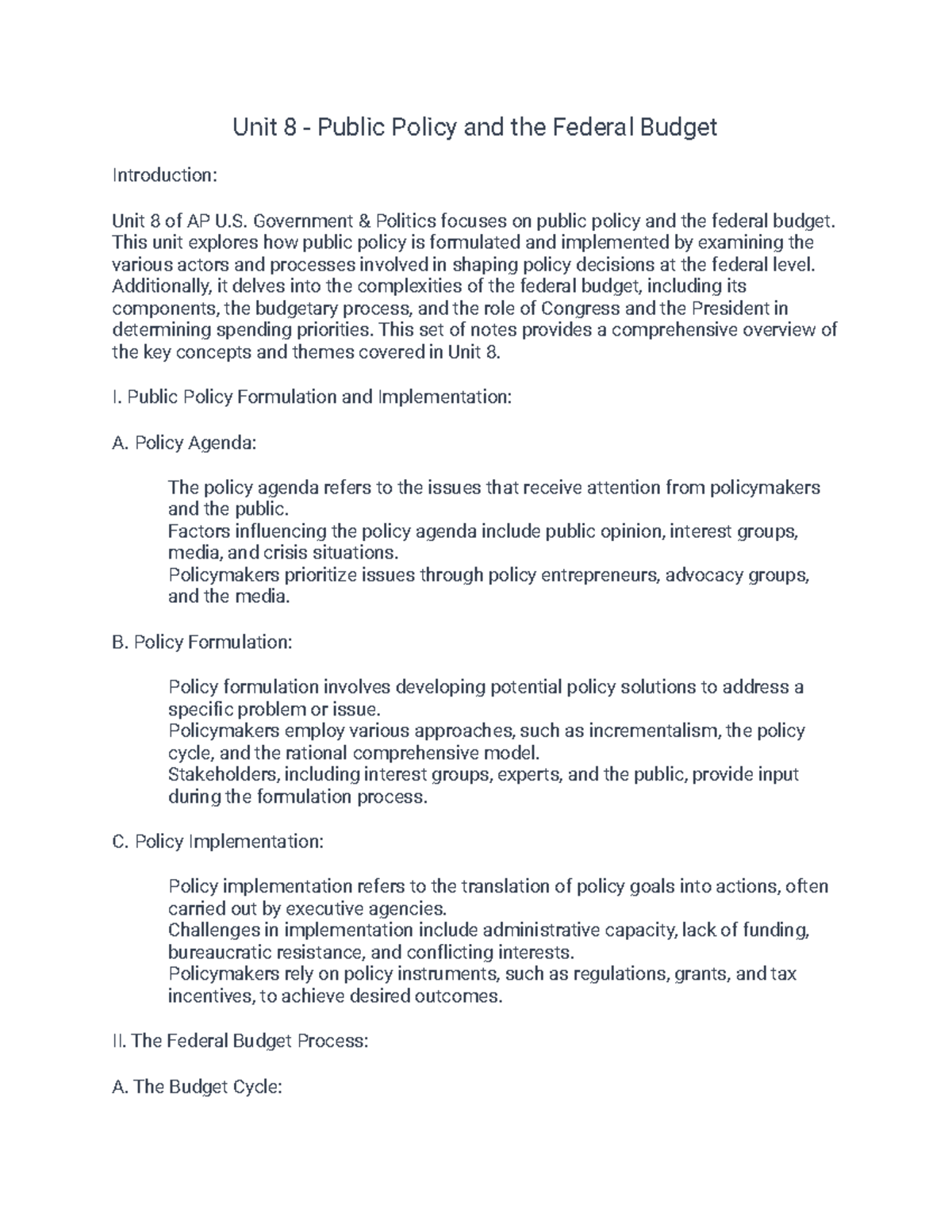 AP Gov Unit 8 - Class notes on Unit 8 - Unit 8 - Public Policy and the ...