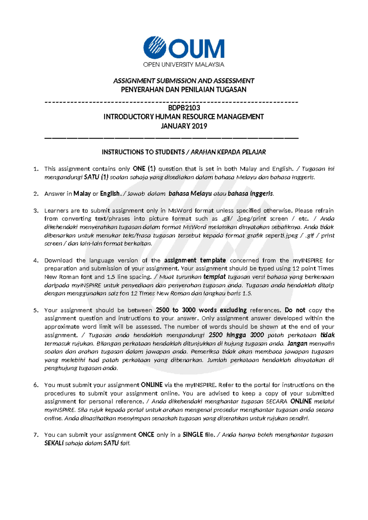 Assignment - Soalan assignemnt - ASSIGNMENT SUBMISSION AND ASSESSMENT PENYERAHAN DAN PENILAIAN ...