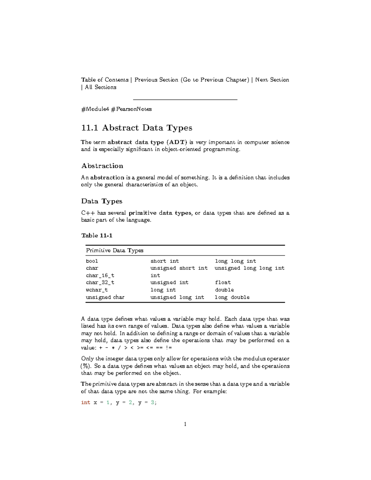 111 Abstract Data Types Table Of Contents Previous Section Go To Previous Chapter