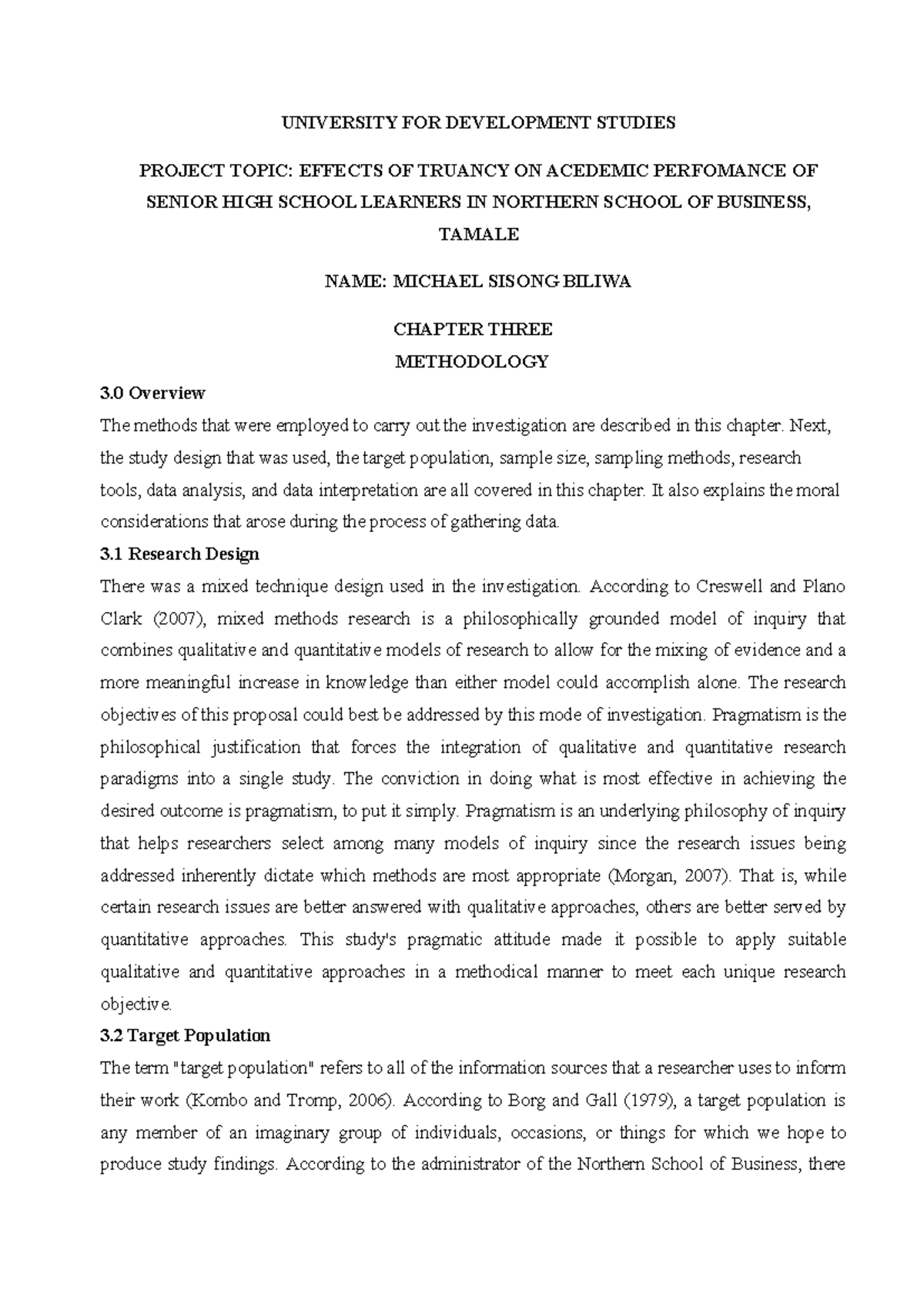 Chapter Three - truancy among learner in Ghana - UNIVERSITY FOR ...
