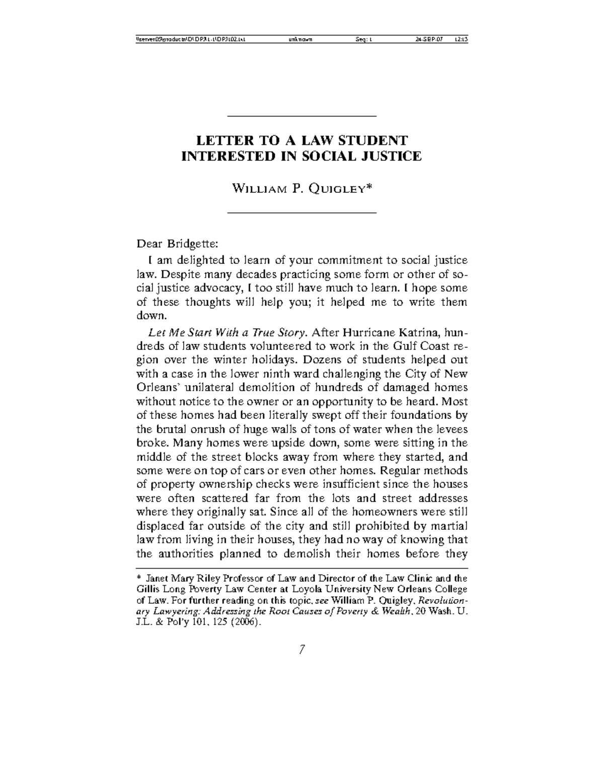 Quigley - Letter to a Law Student - LETTER TO A LAW STUDENT INTERESTED ...