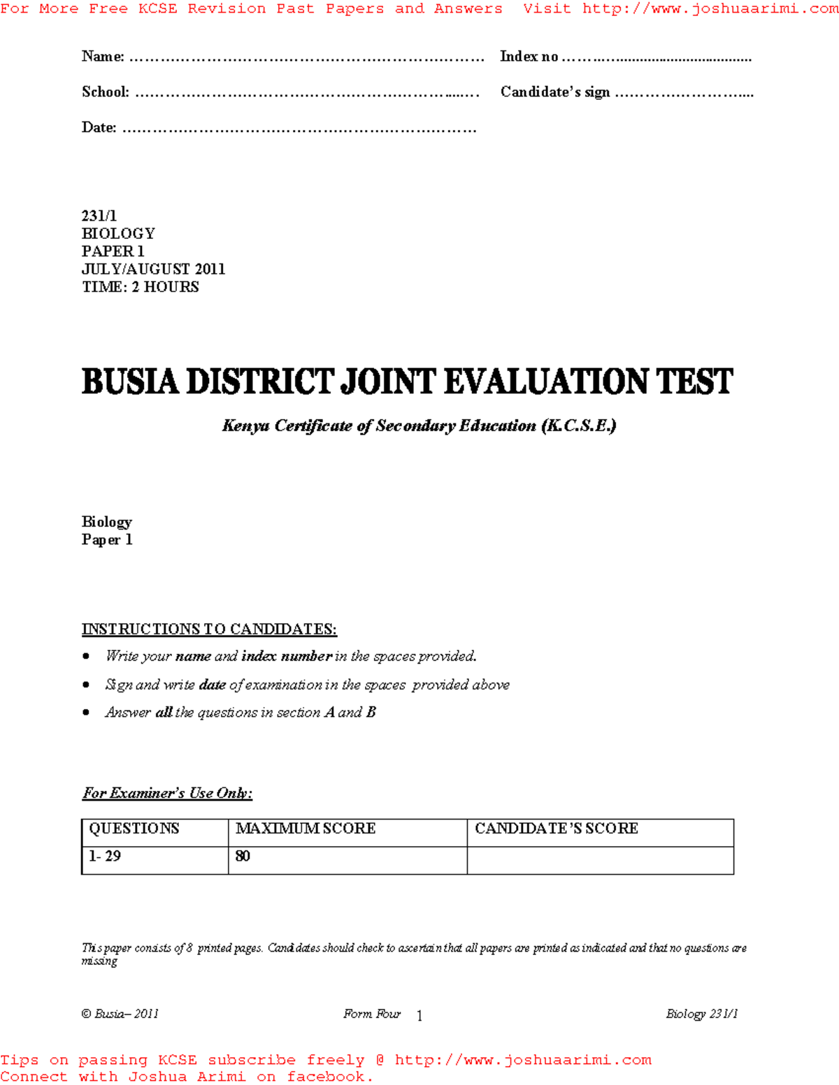 2011 Busia District Biology Paper 1 - © Busiañ 2011 Form Four 1 Biology ...