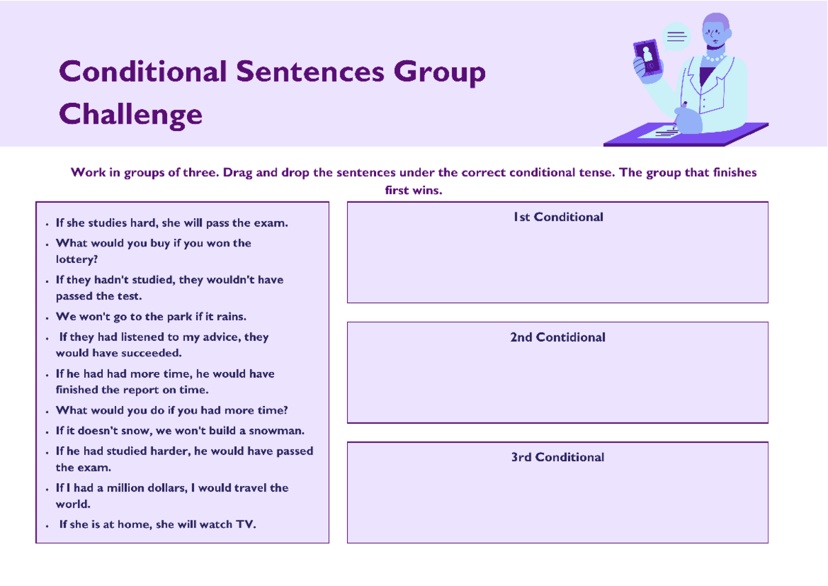 Lilac and White Conditional Sentences Group Challenge Digital Worksheet ...