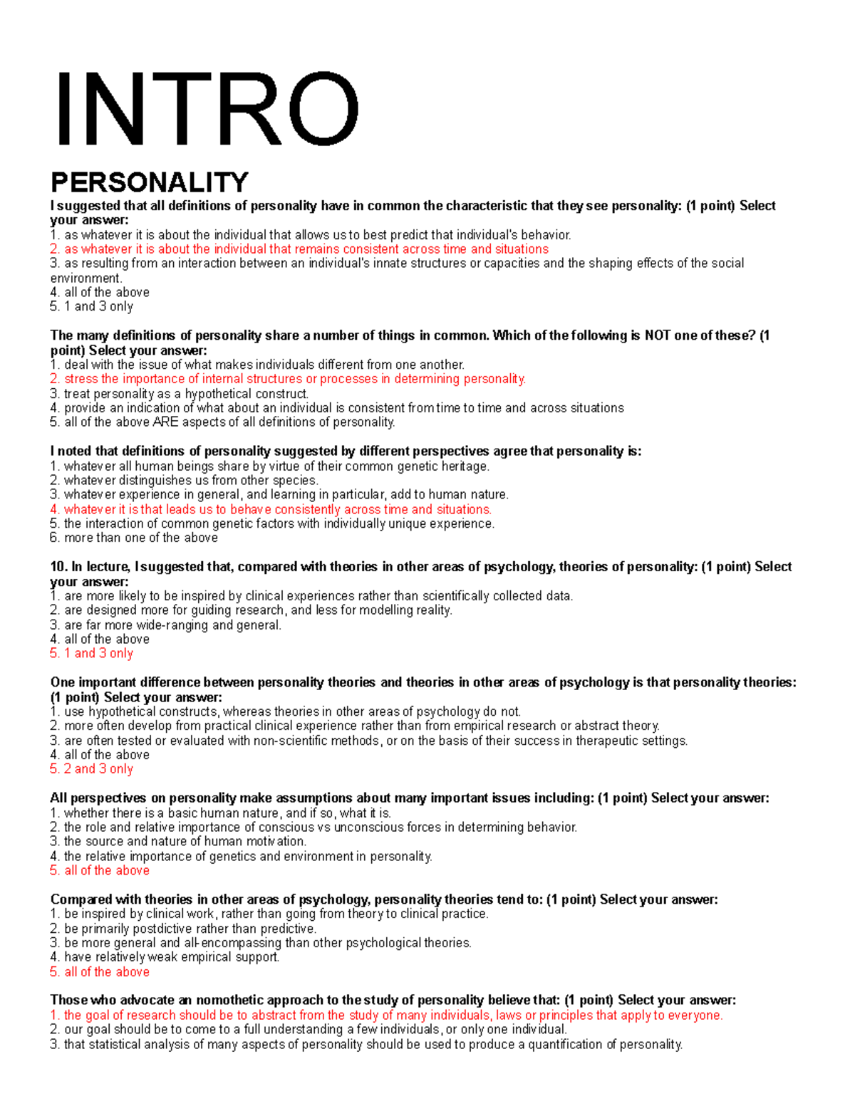 Exam 2019, questions and answers - INTRO PERSONALITY I suggested that ...