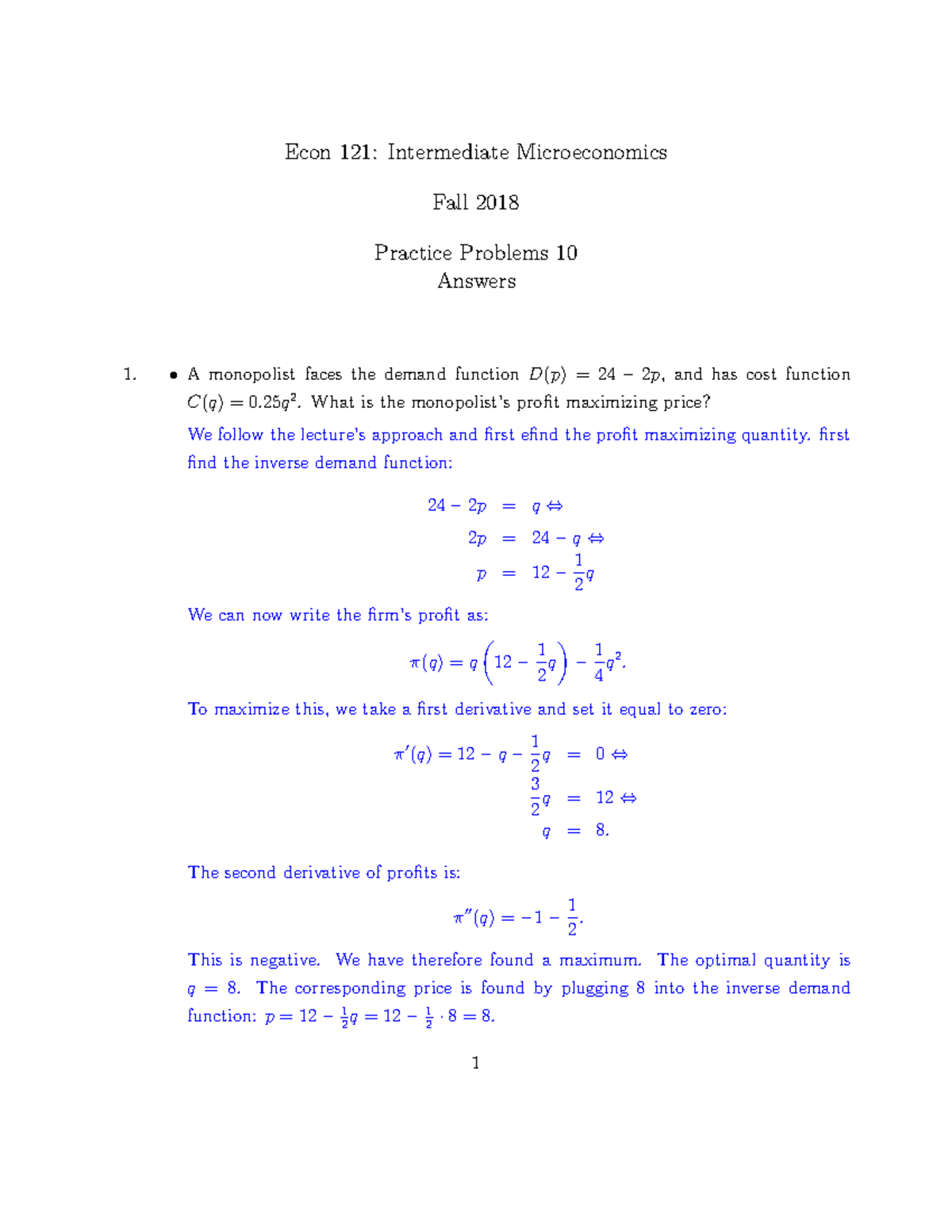 Practice Problems 10Answers - Econ 121: Intermediate Microeconomics Fall 2018 Practice Problems ...