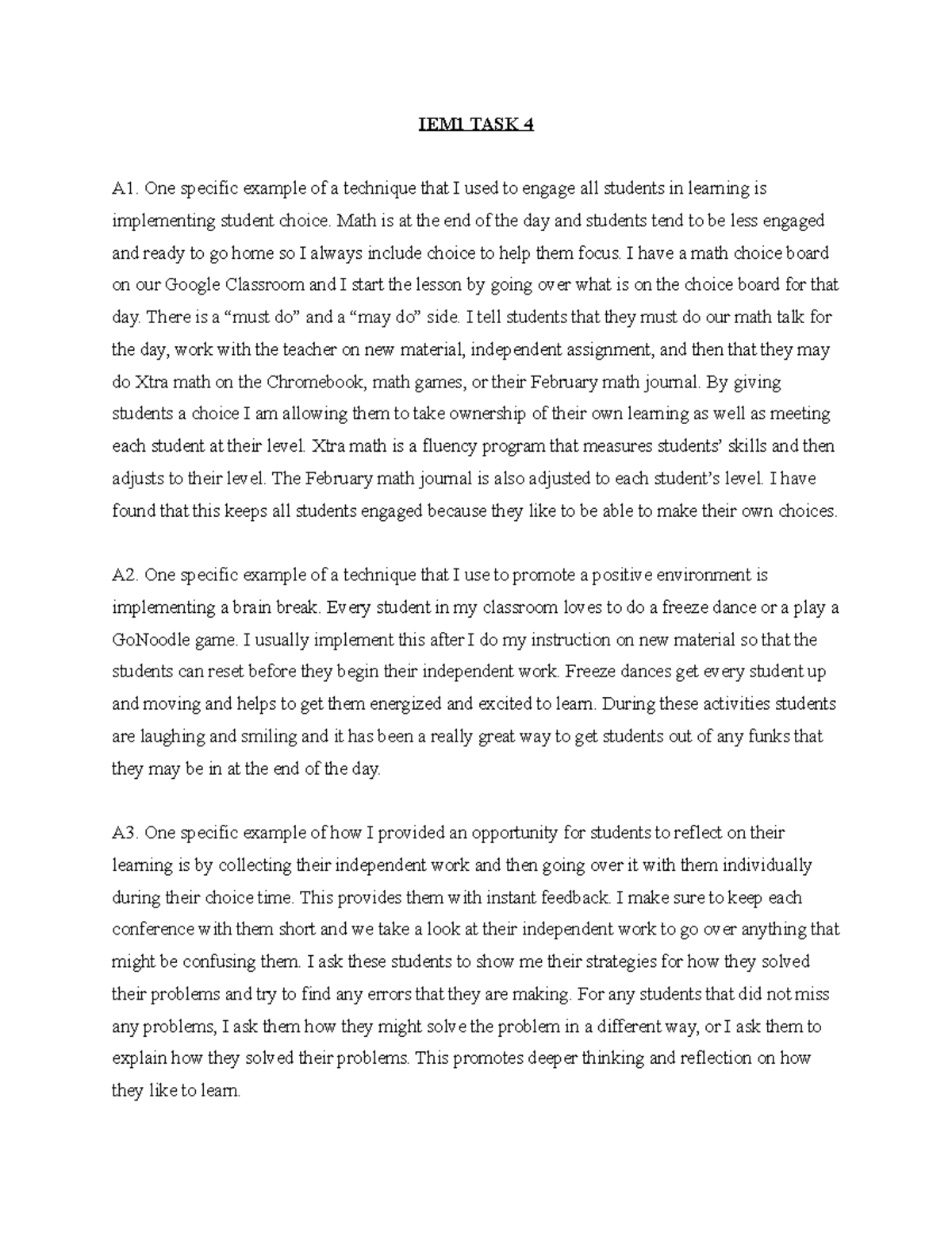 Teacher Work Sample Task 4 - IEM1 TASK 4 A1. One specific example of a ...