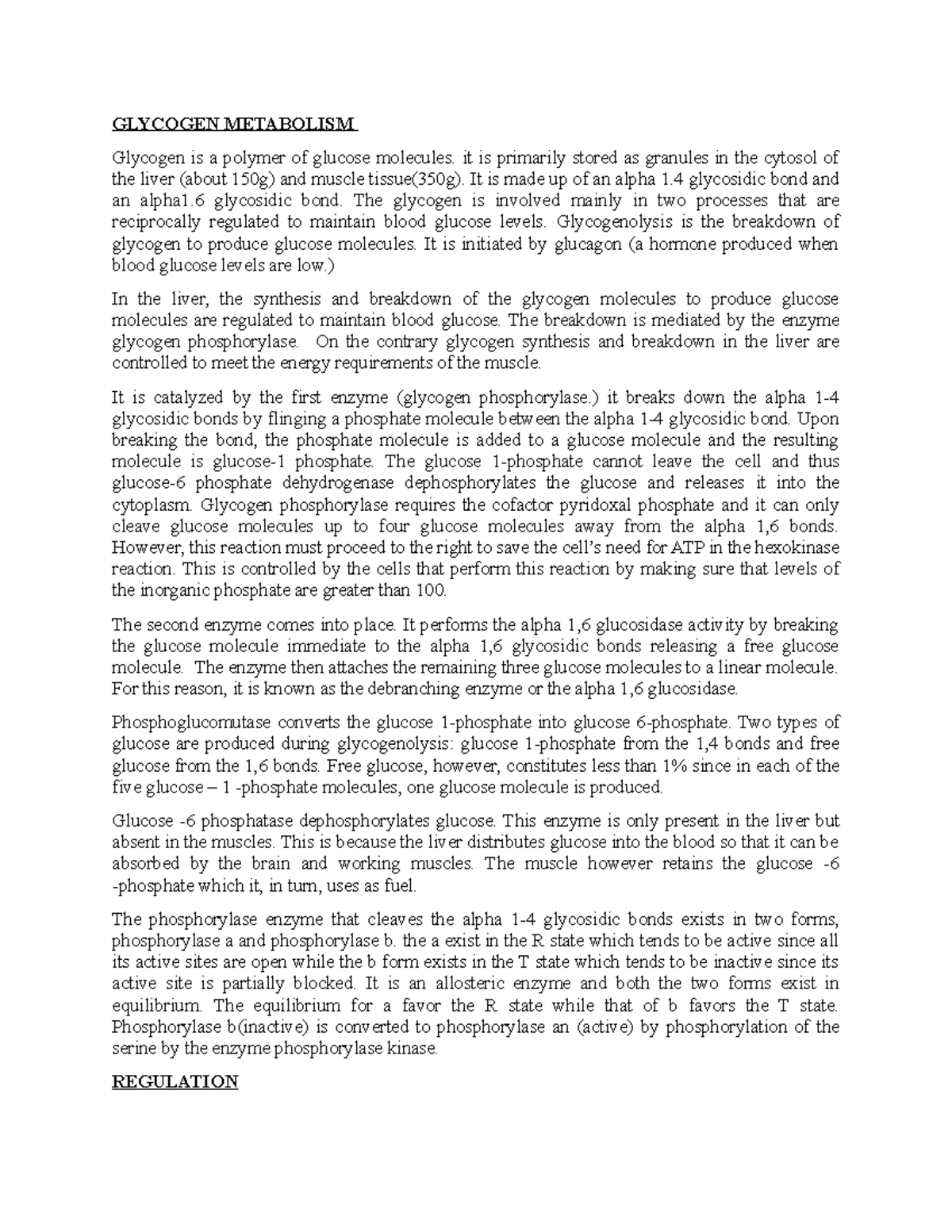 Group WORK - Glycogenolysis - GLYCOGEN METABOLISM Glycogen is a polymer ...