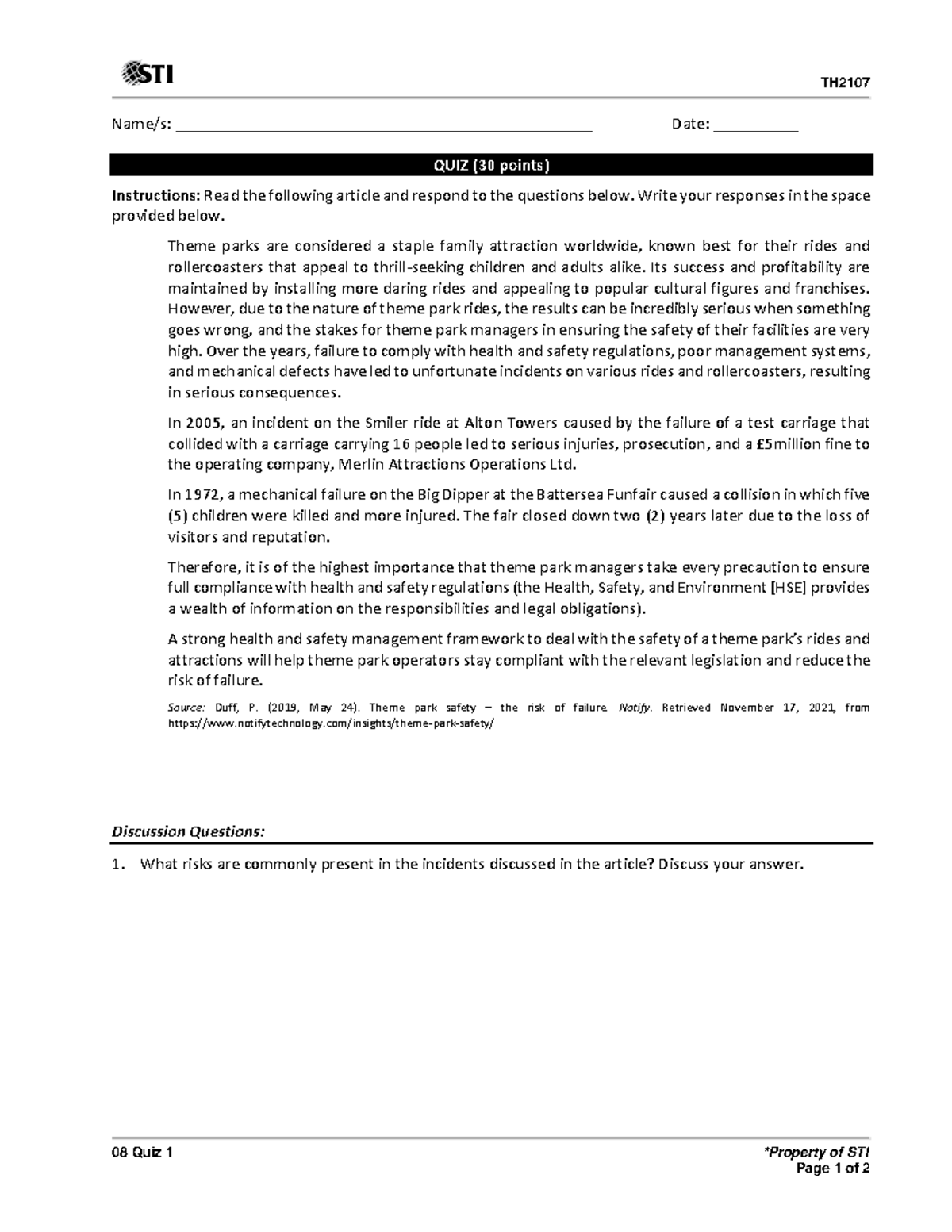 08 Quiz 1 - I'm a freshman student. - TH21 07 08 Quiz 1 *Property of ...